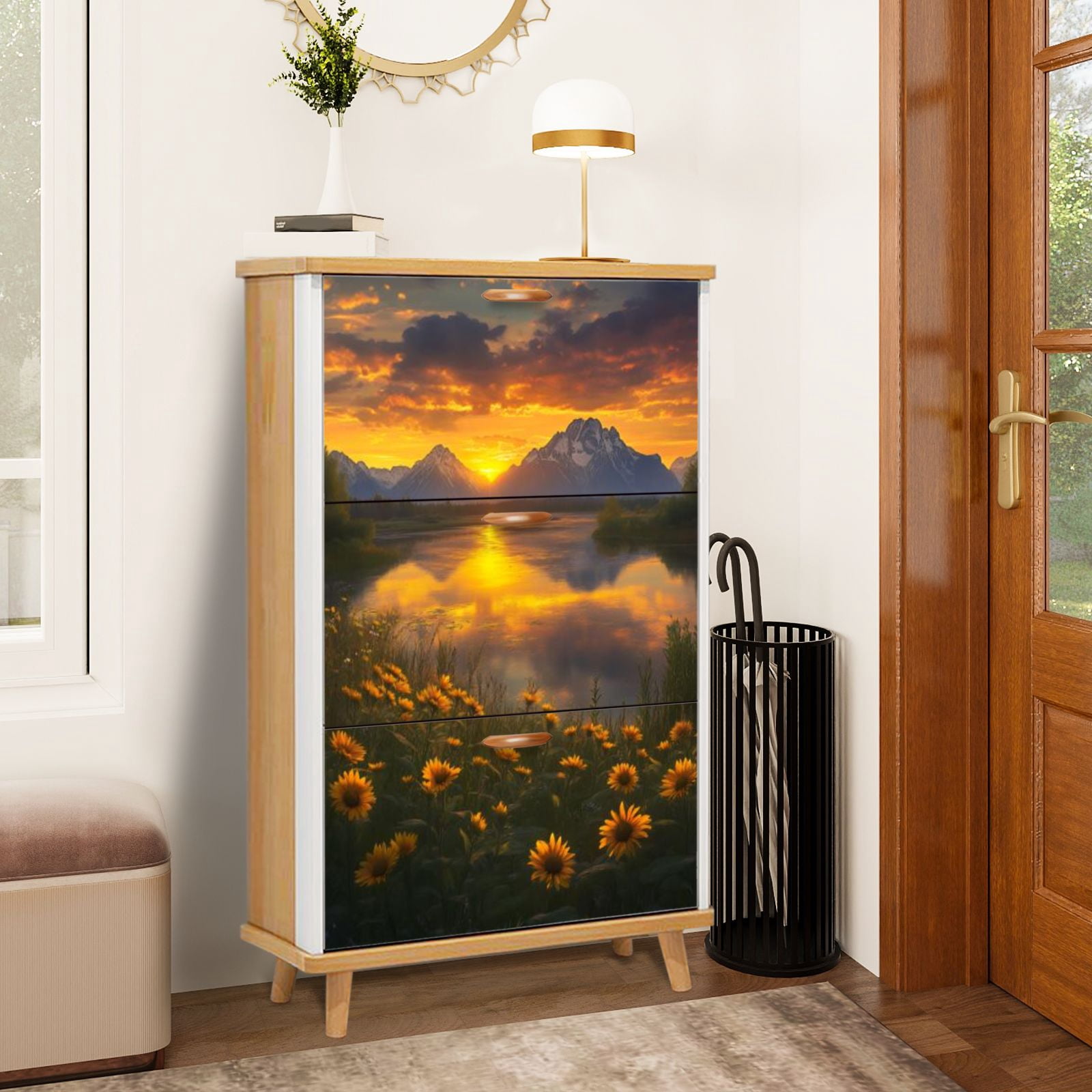 Shoe Storage Cabinet with 3 Flip Drawers for Mountain Landscape Sunrise ...