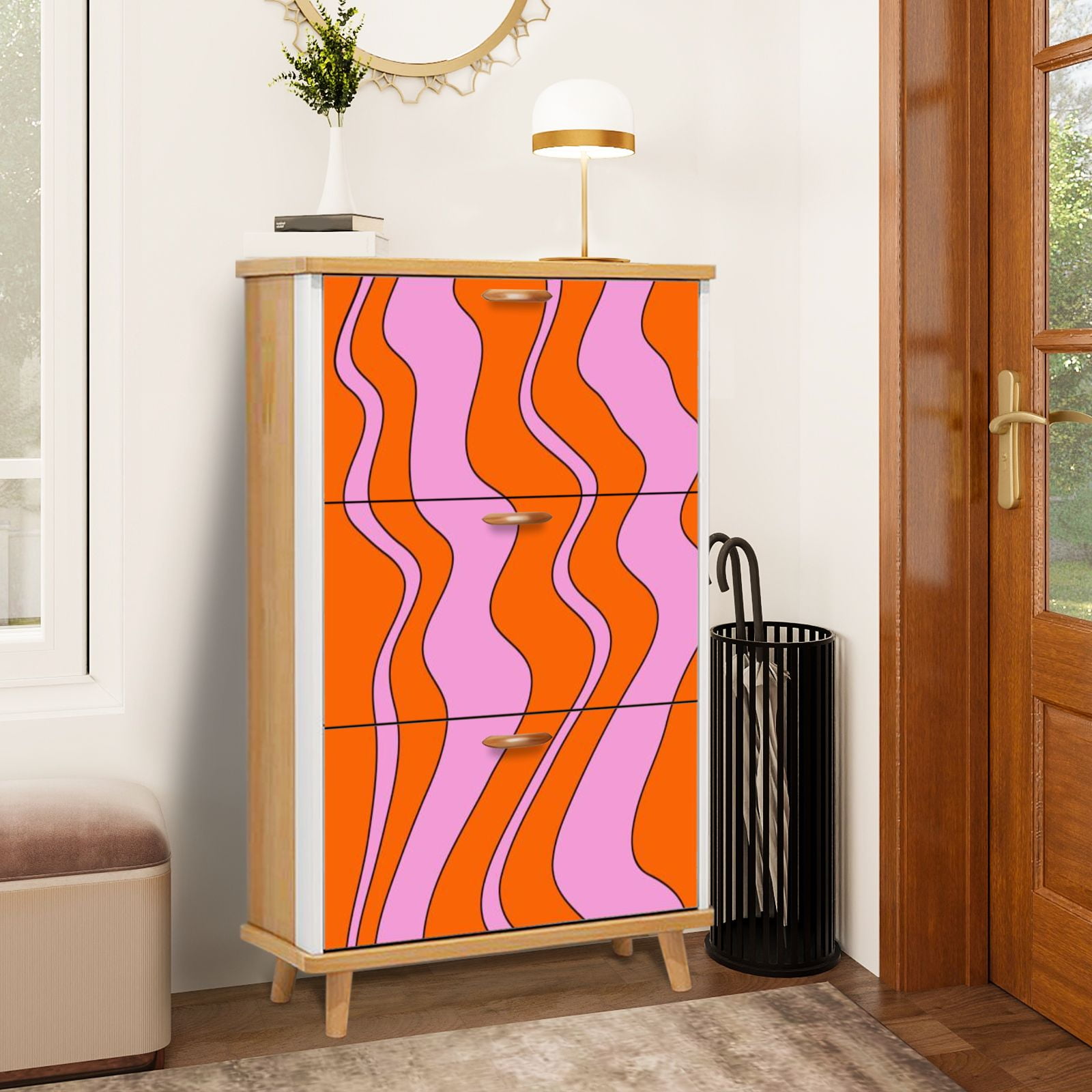 Shoe Storage Cabinet with 3 Flip Drawers for Retro 60s 70s Abstract ...