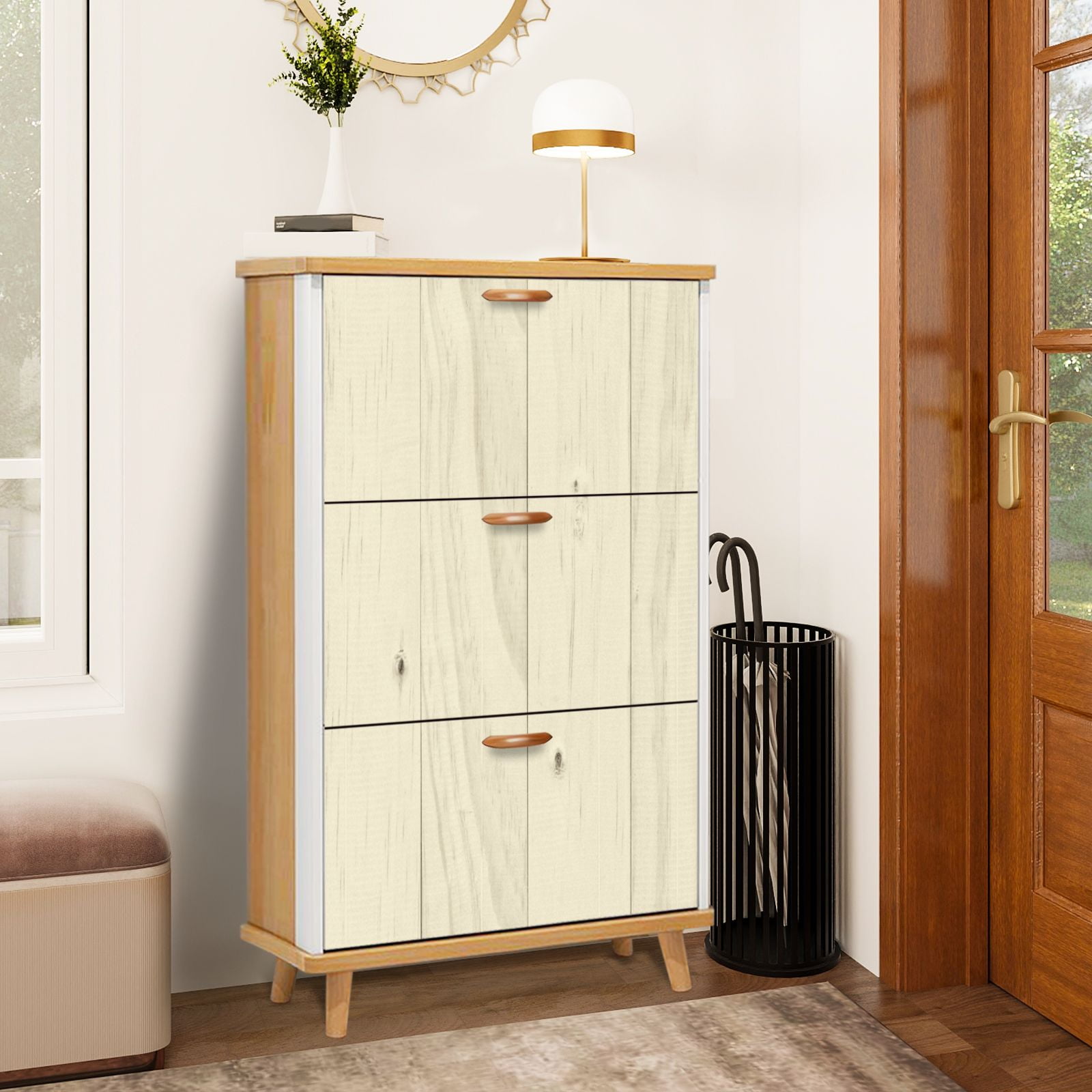 Shoe Storage Cabinet with 3 Flip Drawers for Vertical wooden plank Shoe ...