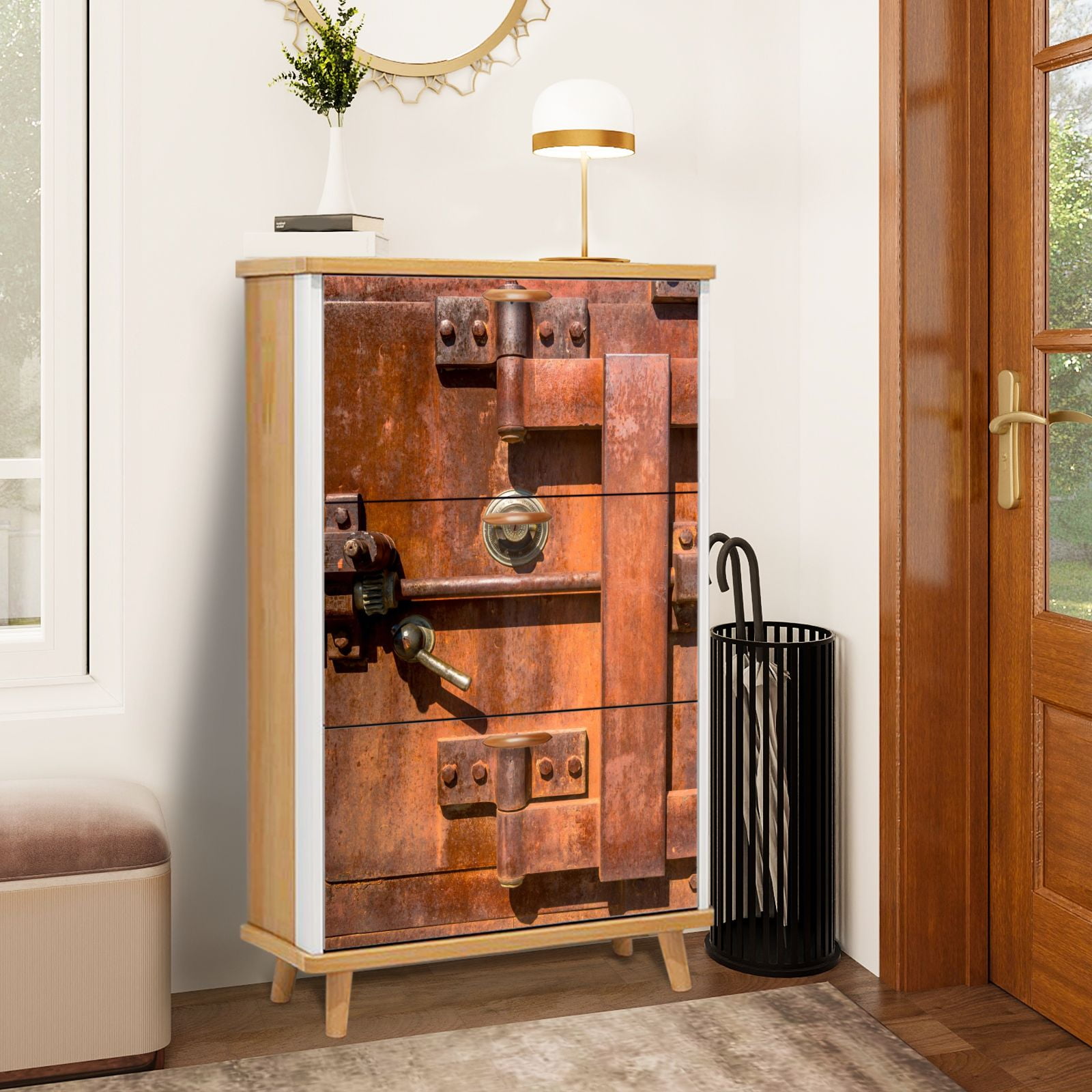 Shoe Storage Cabinet with 3 Flip Drawers for Vintage Rusty Bank Safe Shoe Rack Storage Organizer ...