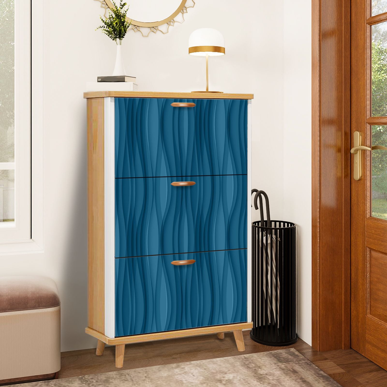 Shoe Storage Cabinet with 3 Flip Drawers for blue seamless Wavy texture ...