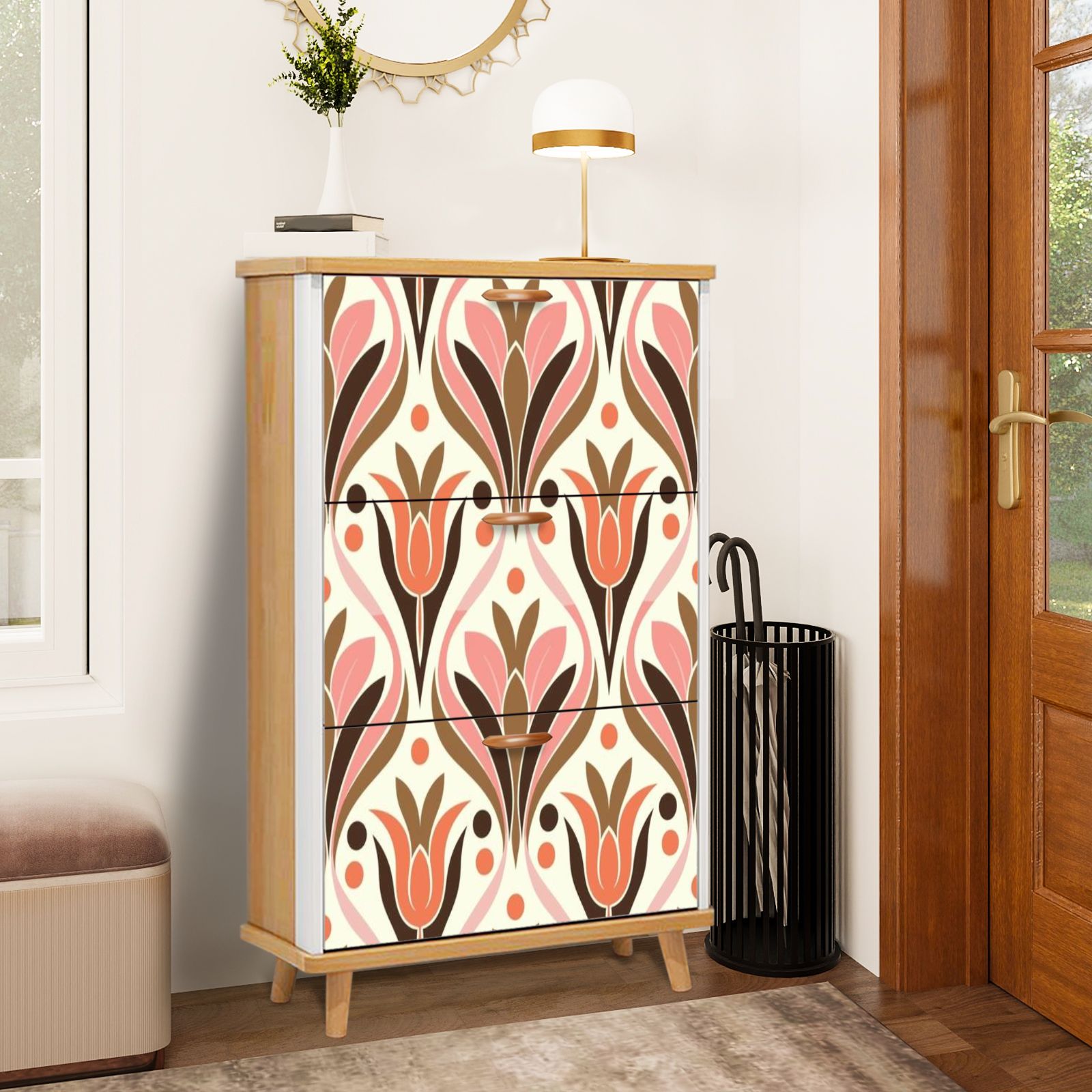 Shoe Storage Cabinet with 3 Flip Drawers for retro color flower motif ...