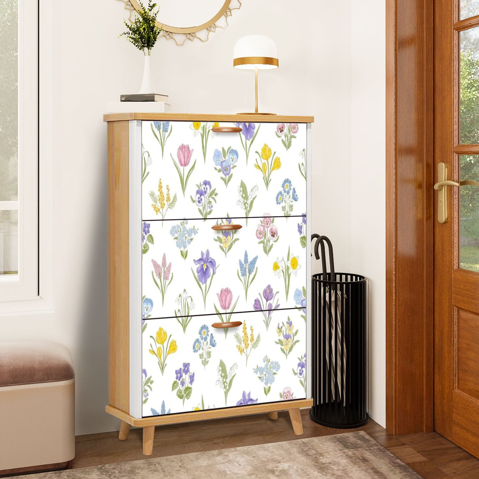 Shoe Storage Cabinet with 3 Flip Drawers for variety flowers hand drawn ...