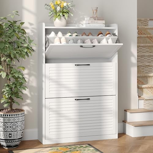 Shoe Storage Cabinet with 3 Flip Louvered Doors, Freestanding Organizer ...