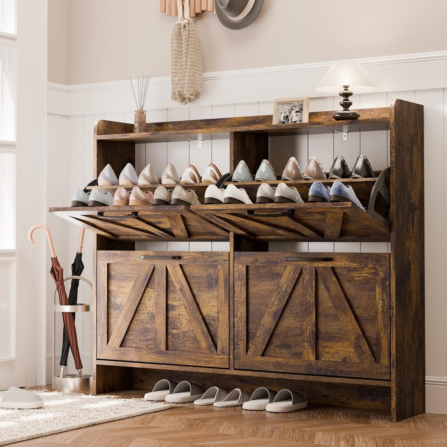 Shoe Storage Cabinet with 4 Flip Drawers, Freestanding Shoe Cabinet ...