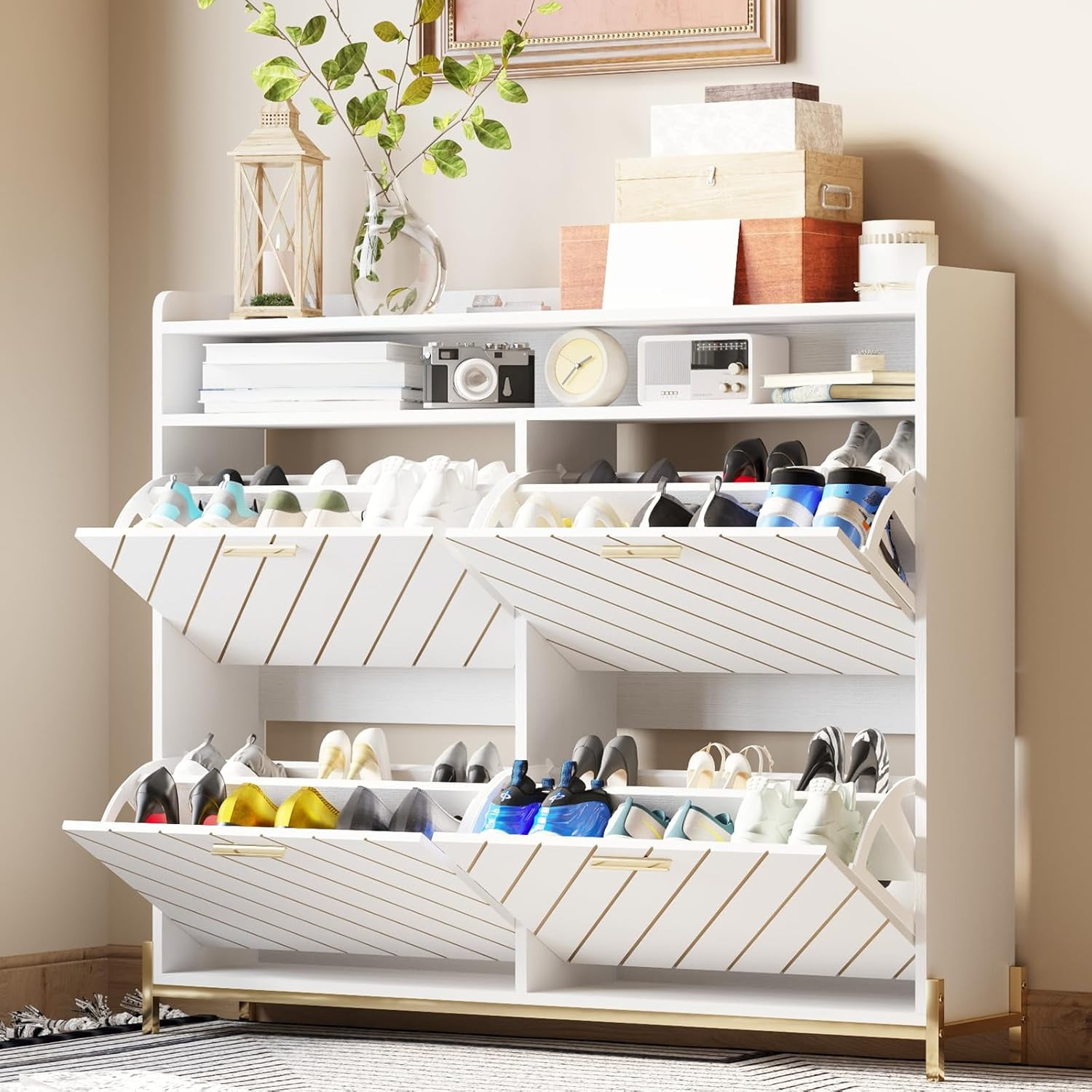 Shoe Storage Cabinet with 4 Flip Drawers with Open Shelves ...