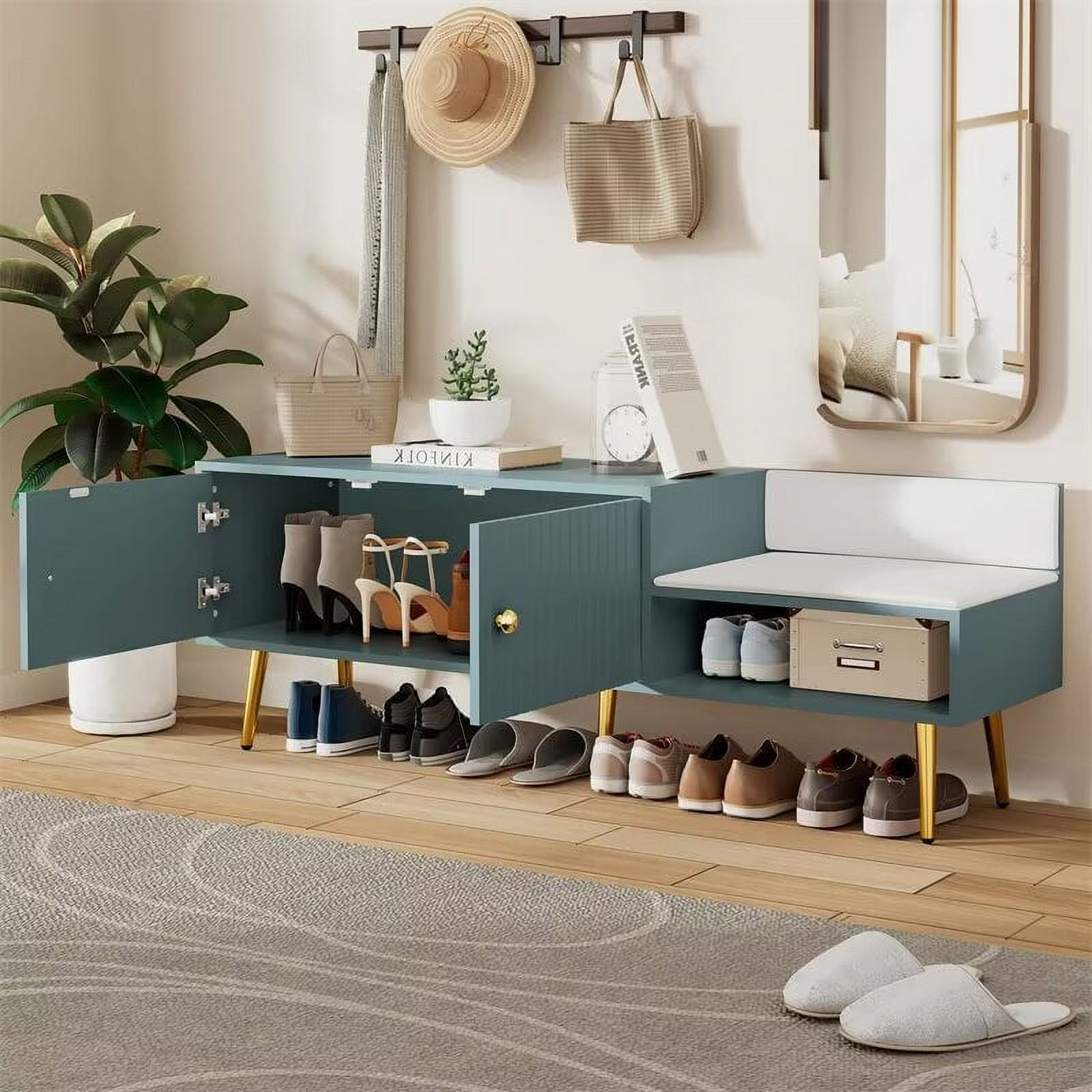 Shoe Storage Cabinet with Cushion, Wooden Shoe Rack Organizer with 2 ...