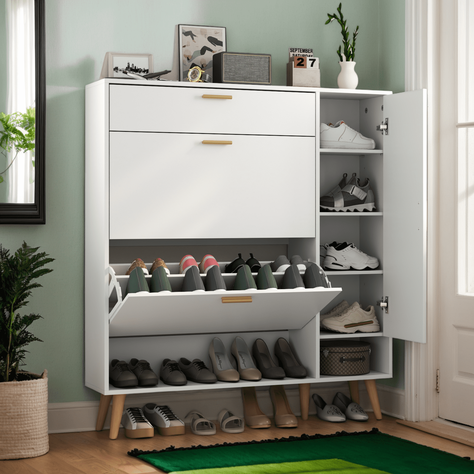 Shoe Storage Cabinets, 16 Pairs Free Standing Shoe Organizer with 2 ...