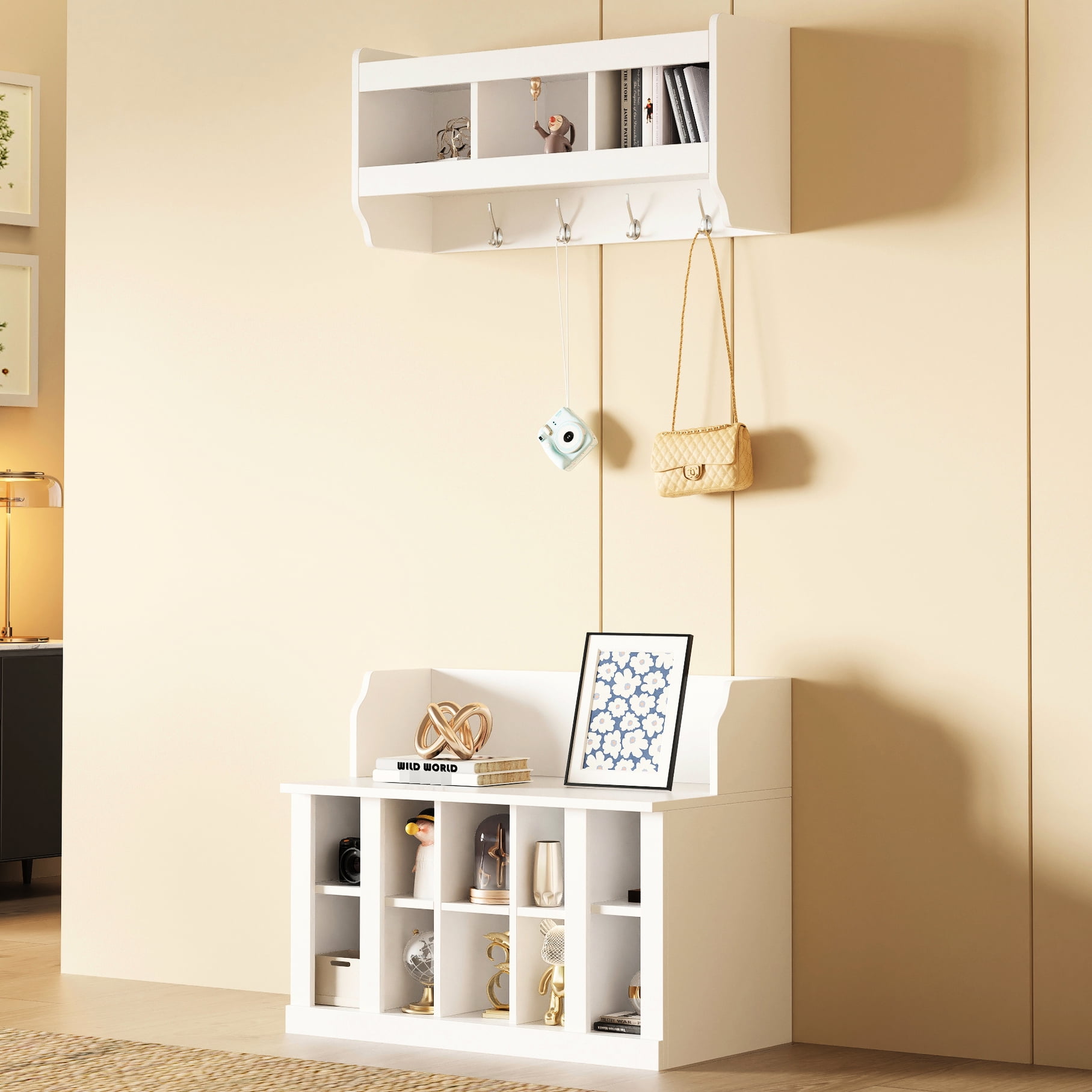Shoe Storage And Coat Hanging Unit With 4 Hooks, Wall Mounted, White ...