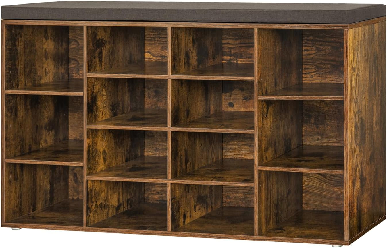 Shoe Storage with Cushion, 14-Cubby Shoe Rack, Adjustable Shelves ...