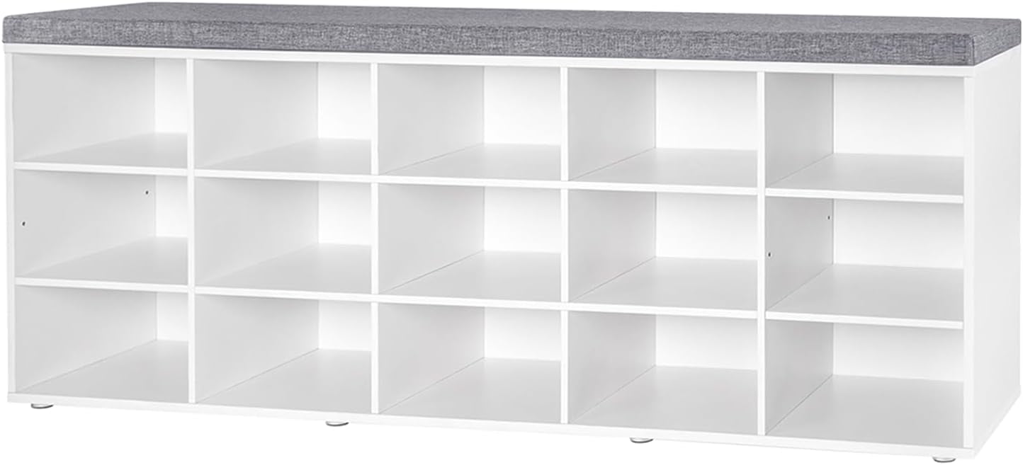 Shoe Storage with Cushion, 15-Cubby Shoe Rack, Adjustable Shelves, Long ...