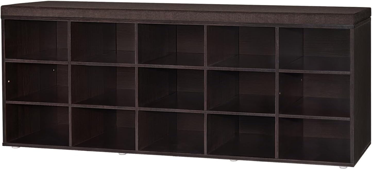 Shoe Storage with Cushion, 15-Cubby Shoe Rack, Adjustable Shelves, Long ...