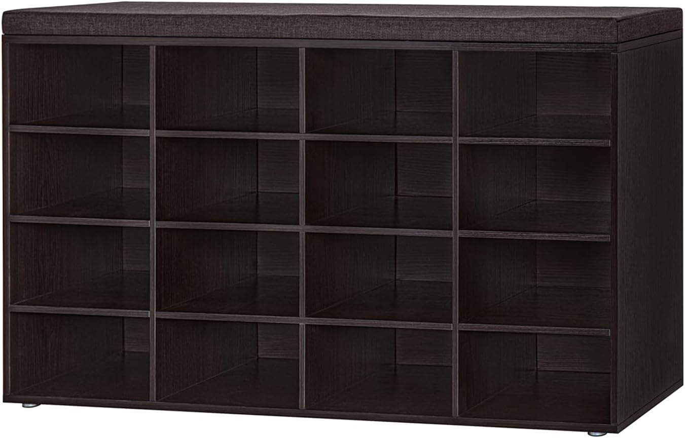 Shoe Storage with Cushion, 16-Cubby Shoe Rack, Adjustable Shelves ...