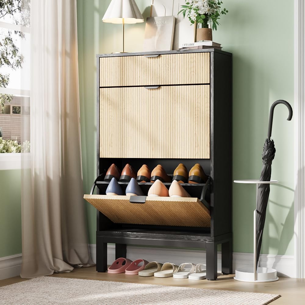 Shoe Storage Organizer with 2 Flip Drawers & 1 Small Drawer, Hidden ...