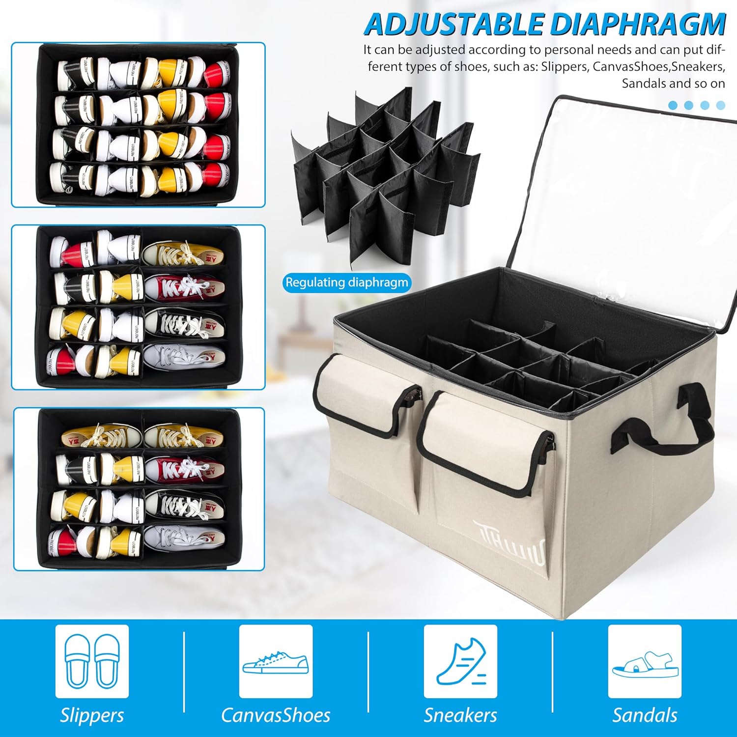 Shoe Storage Organizer With Transparent Cover & Adjustable Dividers For ...