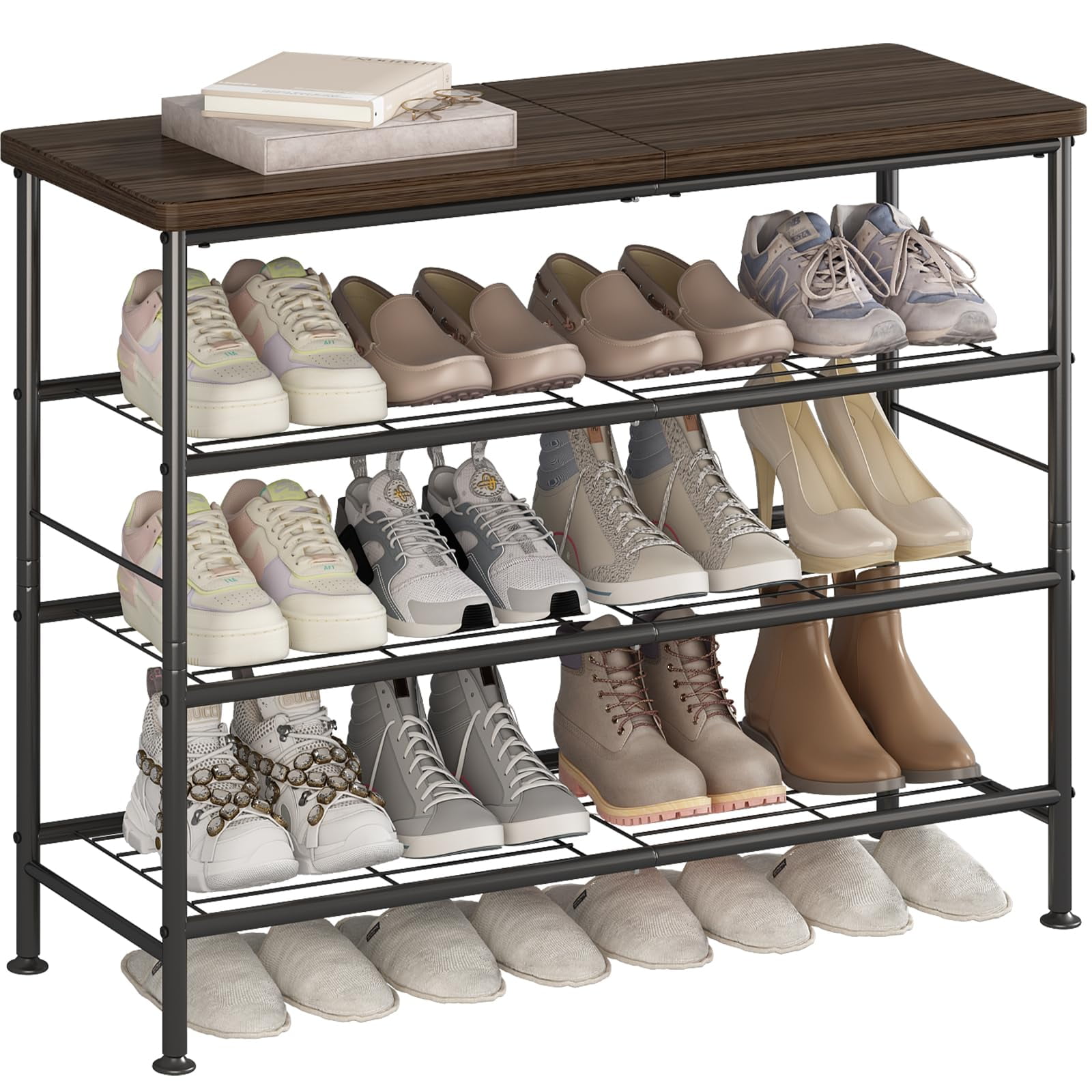 Shoe Storage Rack 4 Tier Metal Frame with Wooden Top, Space Saving Shoe ...