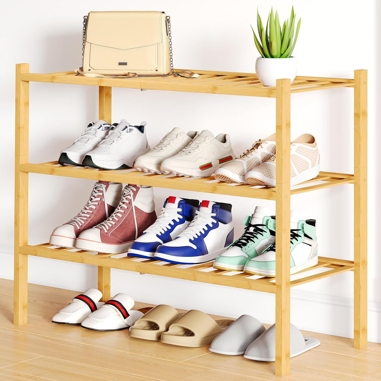 Shoe rack, three-tier bamboo shoe rack, stackable freestanding wooden ...