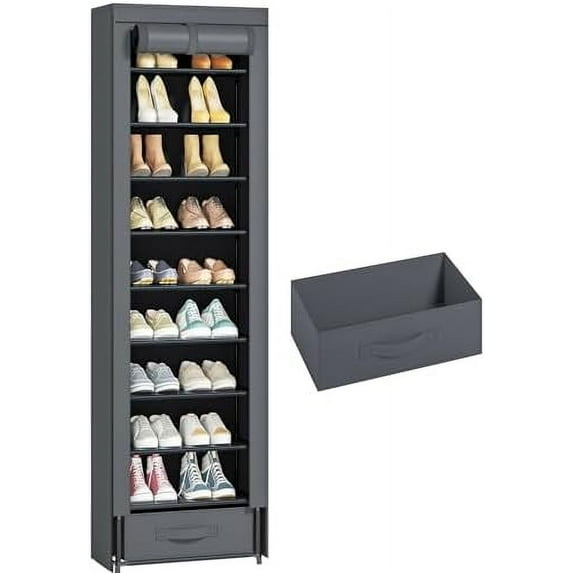 Shoes Rack 10 Tier Tall Narrow Shoe Rack with Bin Covered Shoe Shelf ...