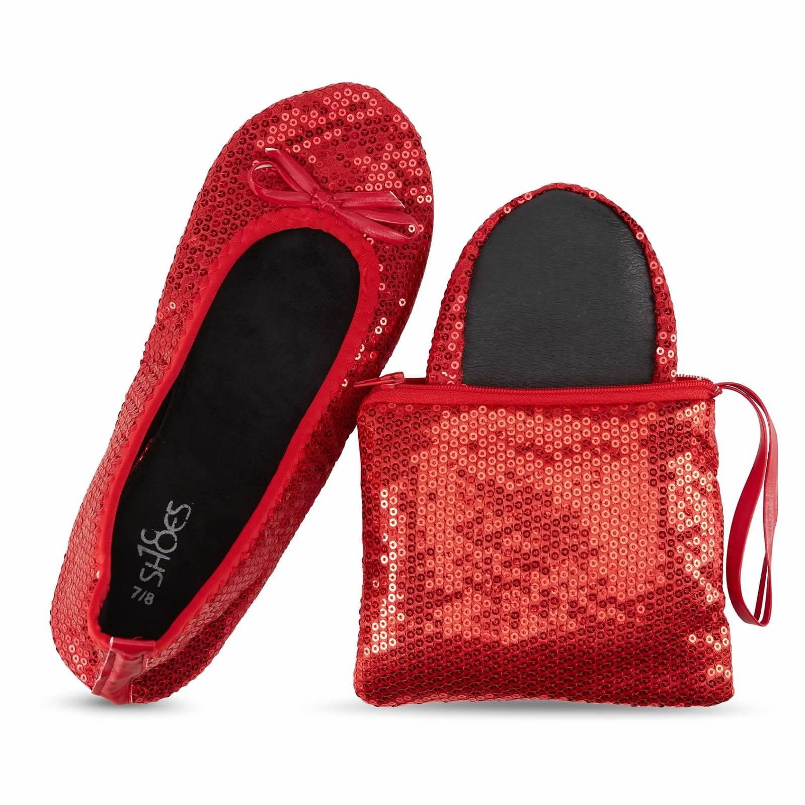 Shoes8teen Women's Foldable Ballet Flat Shoes Carrying Case Red Sequin ...