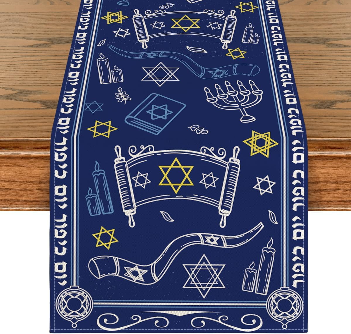 Shofar Scroll Candle Yom Kippur Linen Table Runner Hexagram Jewish Rosh ...