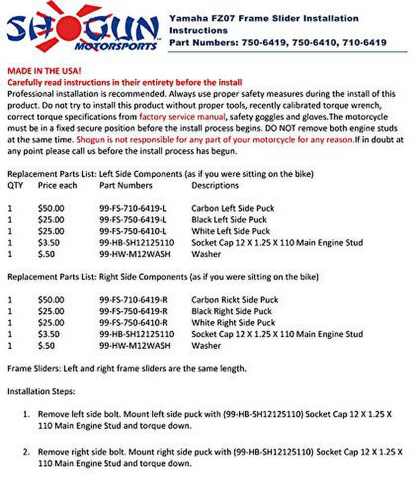 Shogun USA Made Yam MT-07 MT07 2018 2019 2020 2021 2022 2023 2024 2025 ...