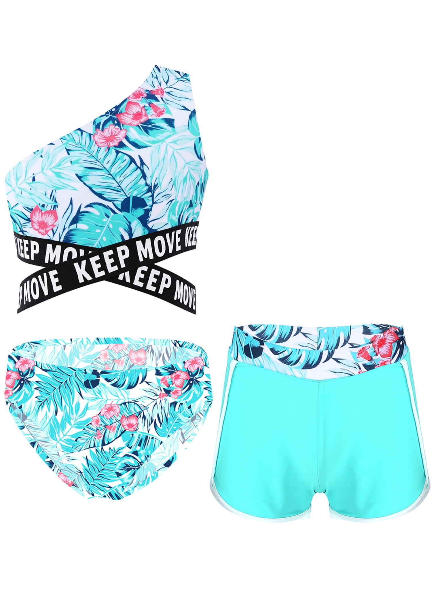 Sholeno 3 Pcs Swimsuit for Kids Girls One Shoulder Swim Top with Briefs ...