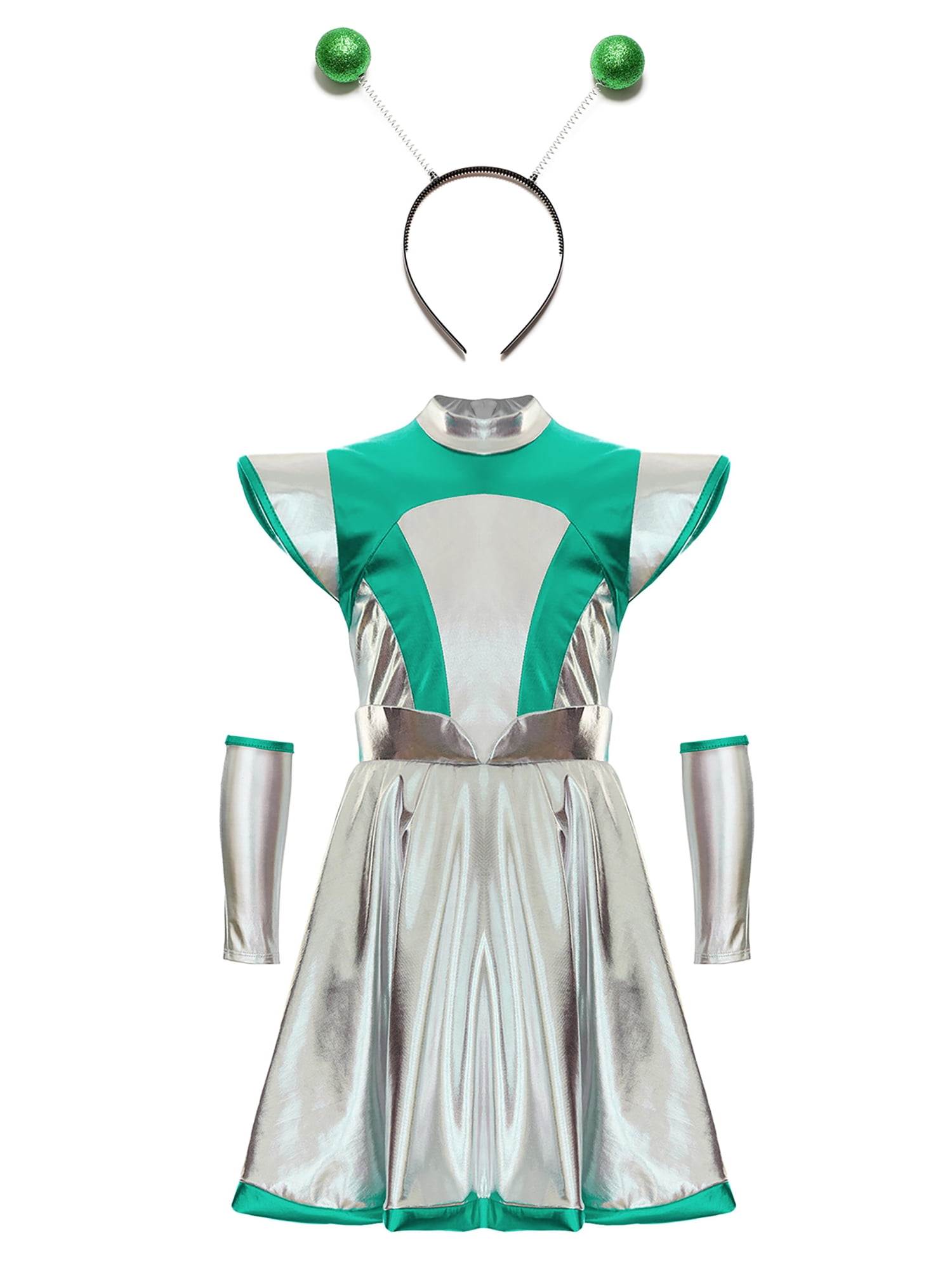Sholeno Girls 3Pcs Alien Costume Kids Metallic Sleeveless A-line Dress ...