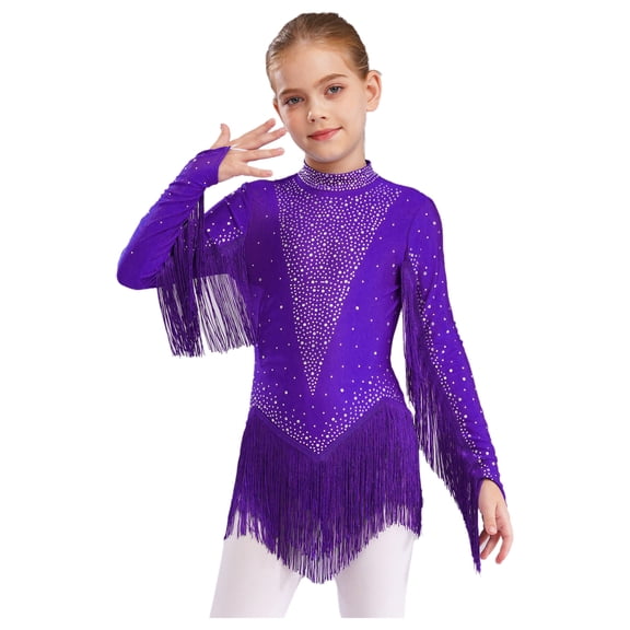 Doomiva Kids Girls Shiny Sequins Fringe Leotard Tassel Long Sleeve Jazz ...