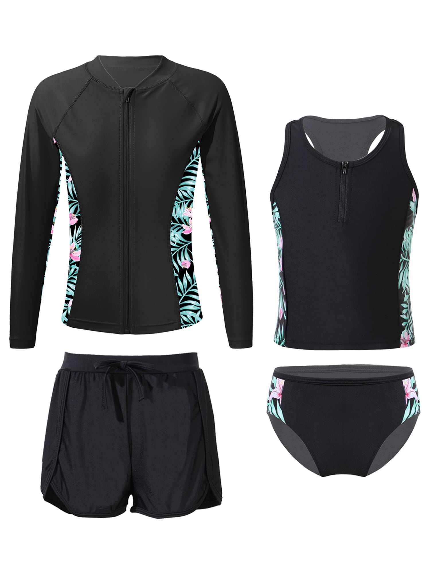 Sholeno Girls Swimsuit 4 Pieces Zip Up Rash Guard Set Tankini Bathing ...