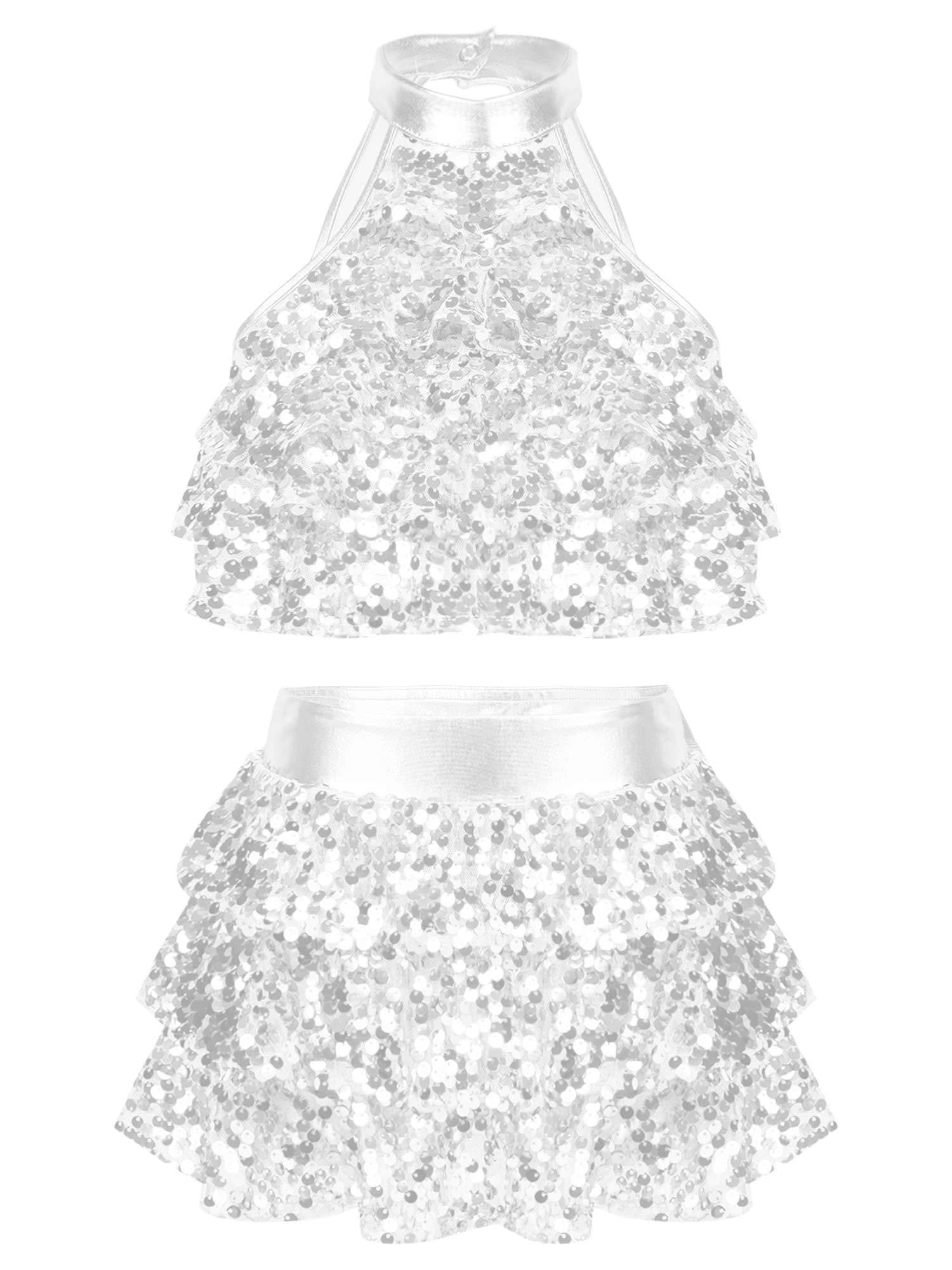 Sholeno Kids Girls Sequins Halter Tiered Crop Top with Skirt Latin Jazz ...