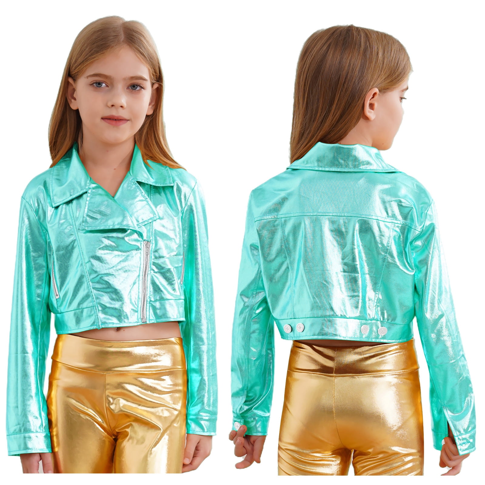 Sholeno Kids Girls Shiny Metallic Long Sleeve Biker Motorcycle Jacket ...