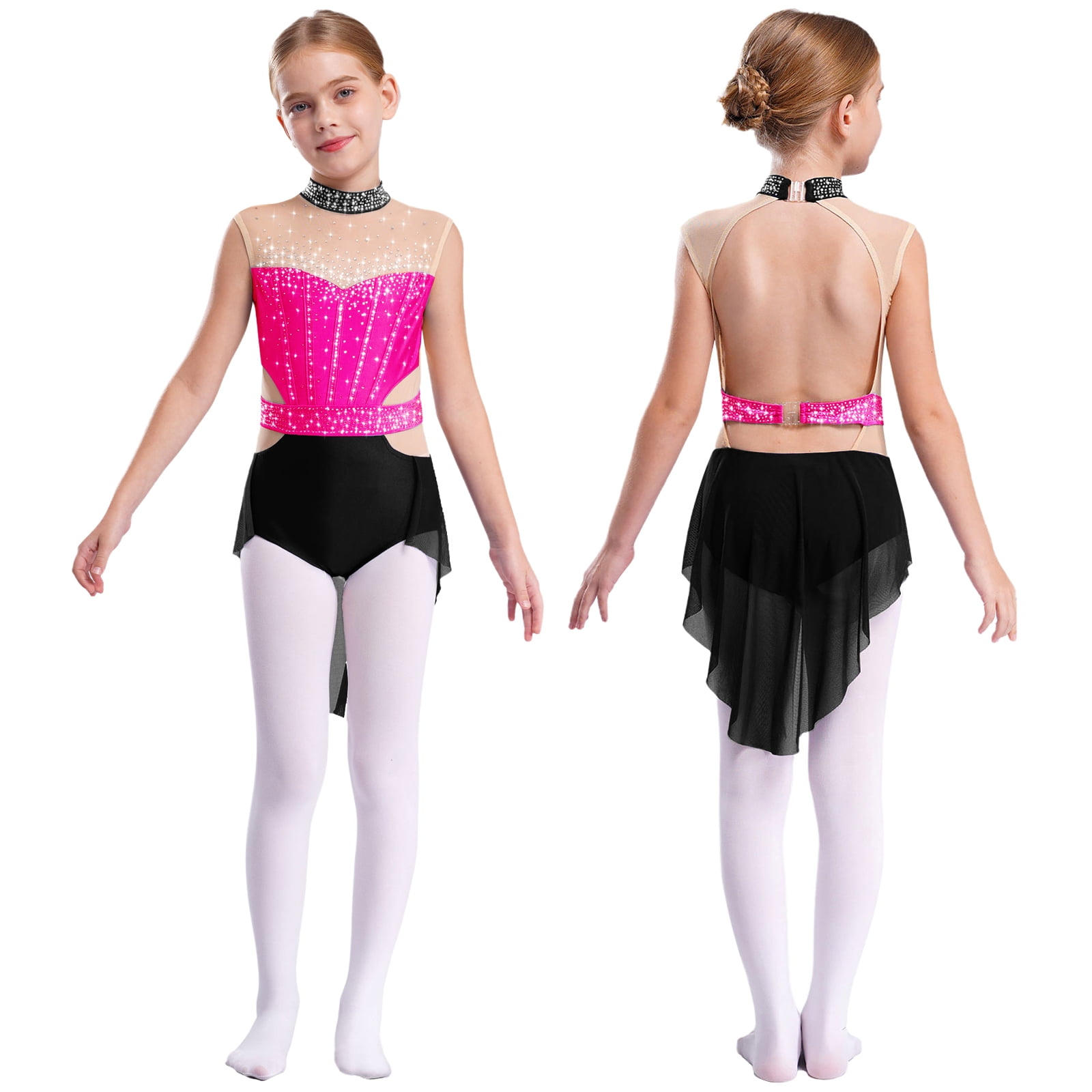 Sholeno Kids Girls Sparkly Gymnastic Skirted Leotard Backless Lyrical ...