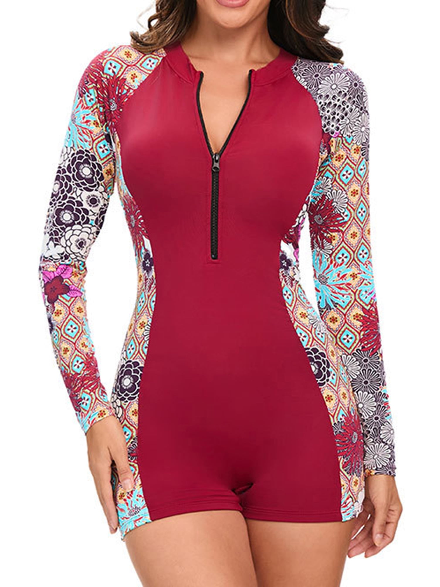 Sholeno Womens Rash Guard Long Sleeve Swimsuit Boyleg One Piece Bathing ...