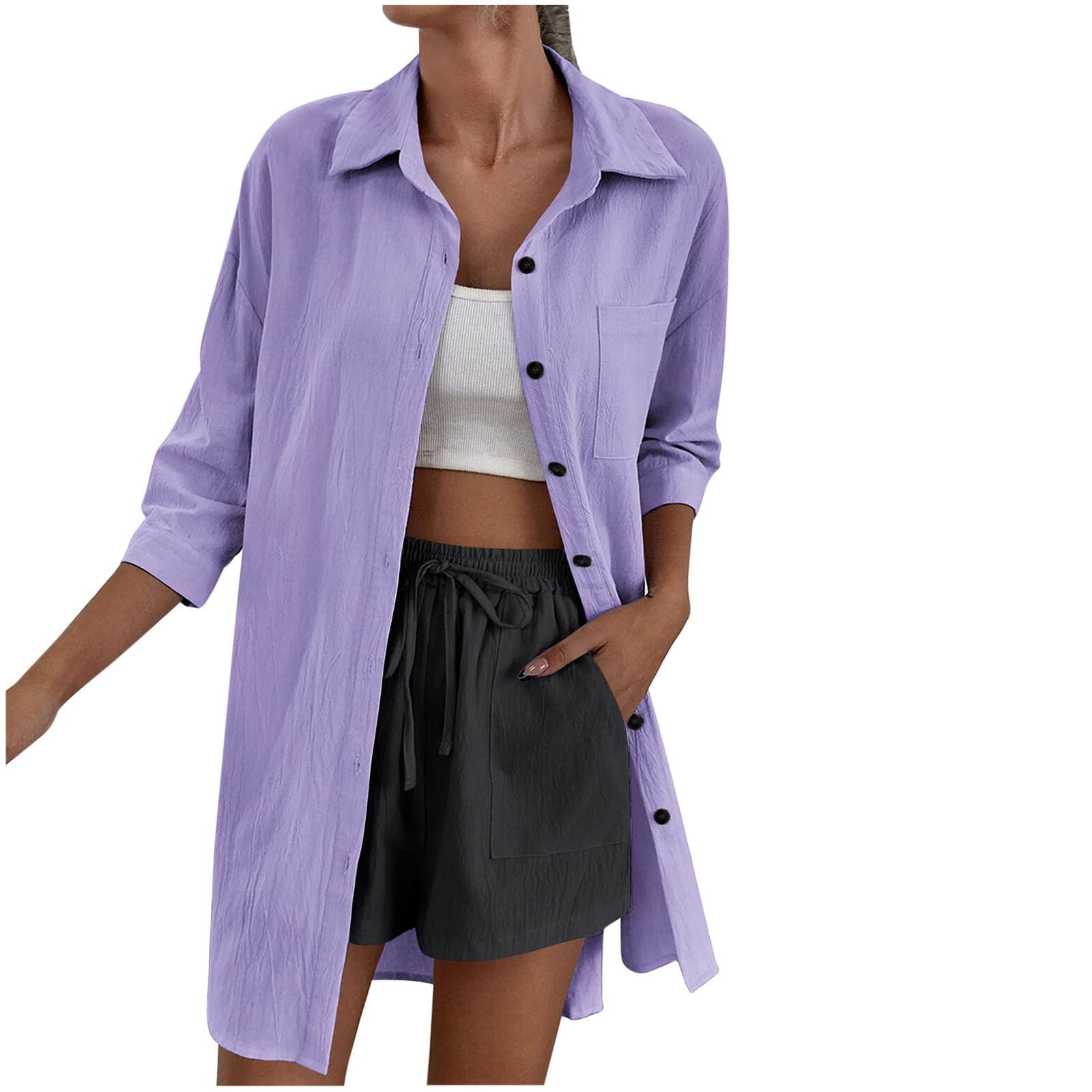 ShomPort 3/4 Sleeve Shacket Jackets for Women Fall Casual Lapel Button ...