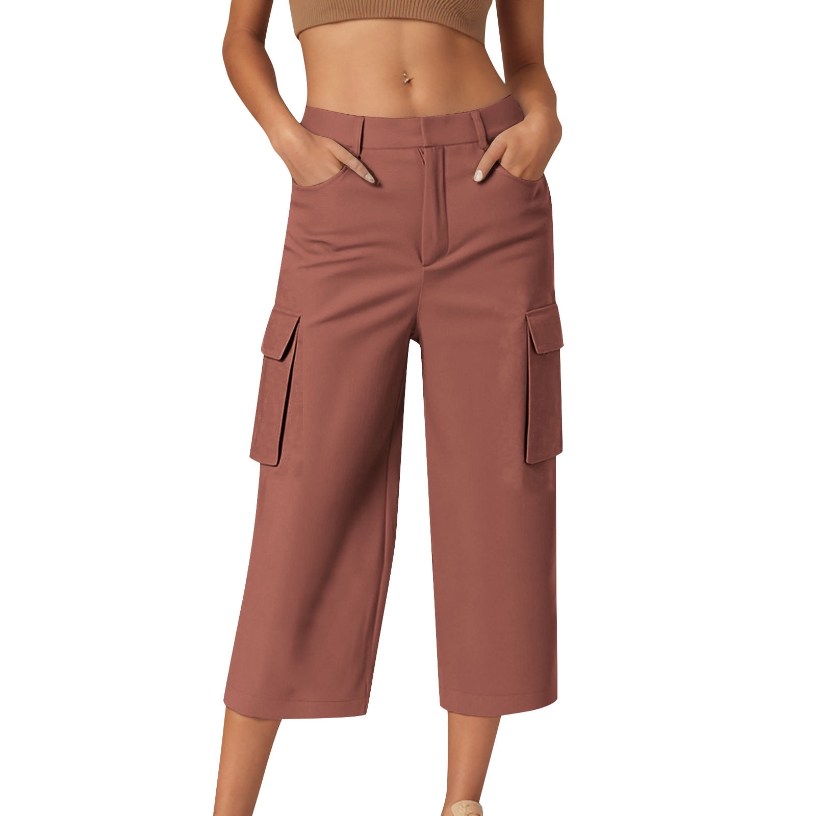 ShomPort Cargo Capris For Women Elastic Waist Straight Leg Cropped ...