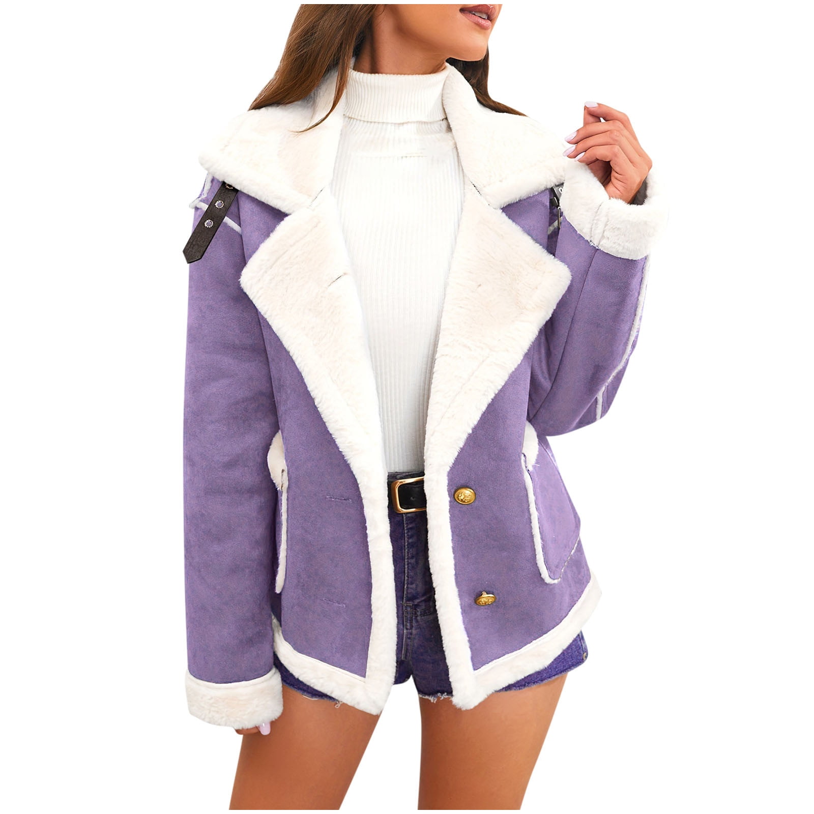 ShomPort Fleece Coats for Womens Lapel Collared Button Long Sleeve ...