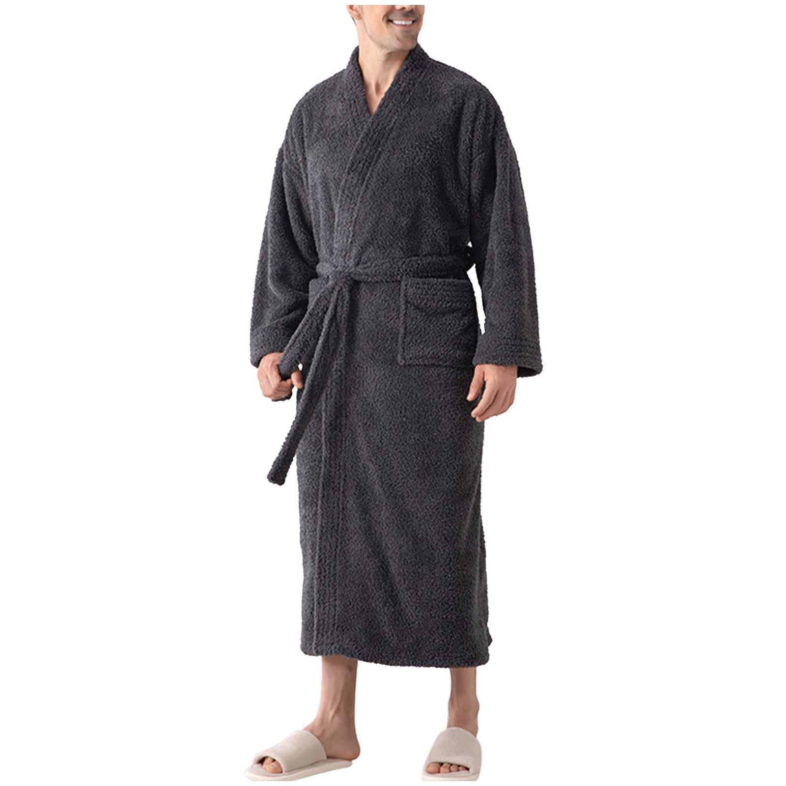 ShomPort Fleece Loungewear for Mens Full Length Open Front Solid Color ...