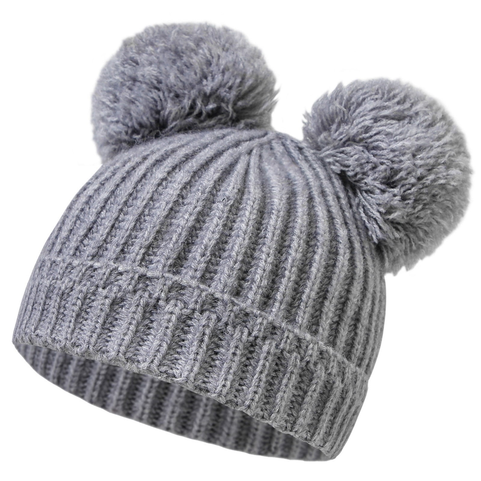 ShomPort Knitted Casual Beanies for Little Girls Ribbed Double Pompom ...