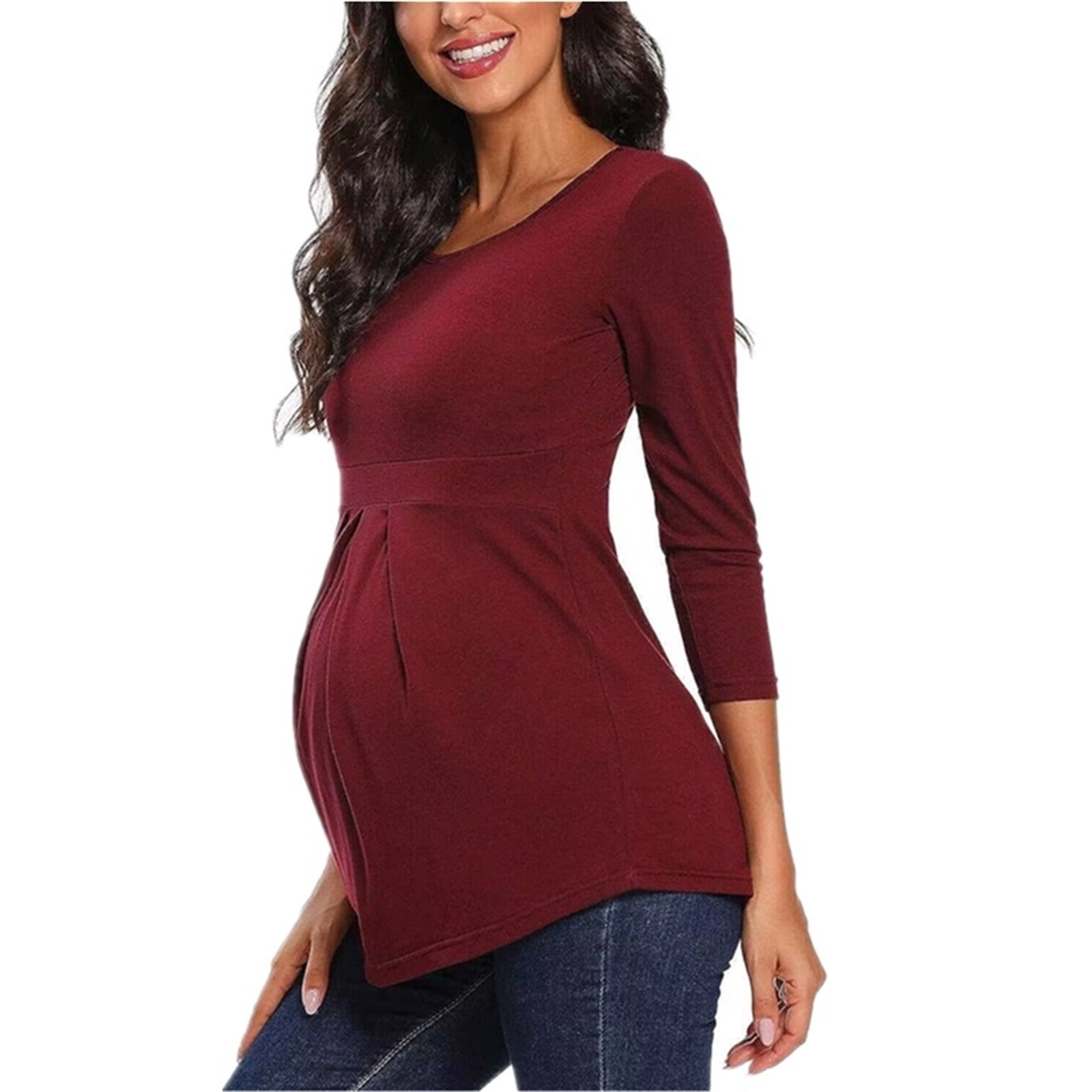 ShomPort Womens Pregnant Casual Tops U-Neck Quarter Sleeve Solid Color ...