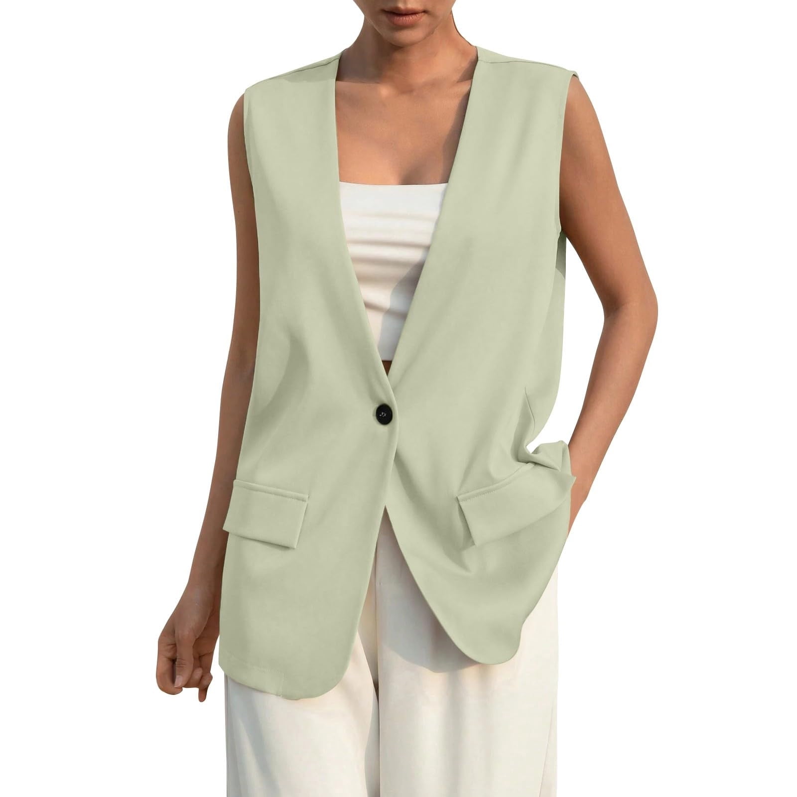 ShomPort Sleeveless Blazers for Women V Neck Button Open Front Suit ...