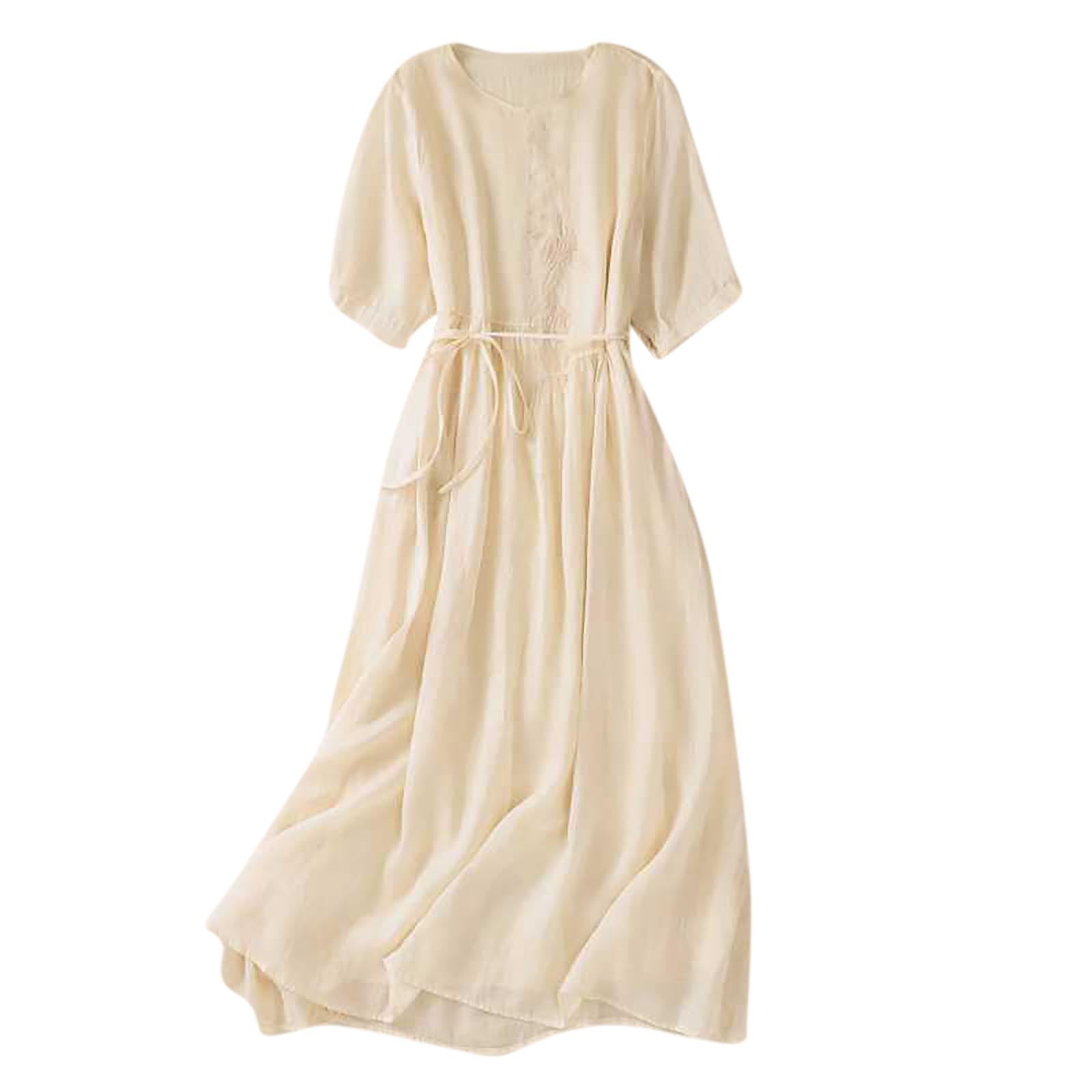 ShomPort Summer Embroidered Cotton Linen Dress for Women Round Neck ...