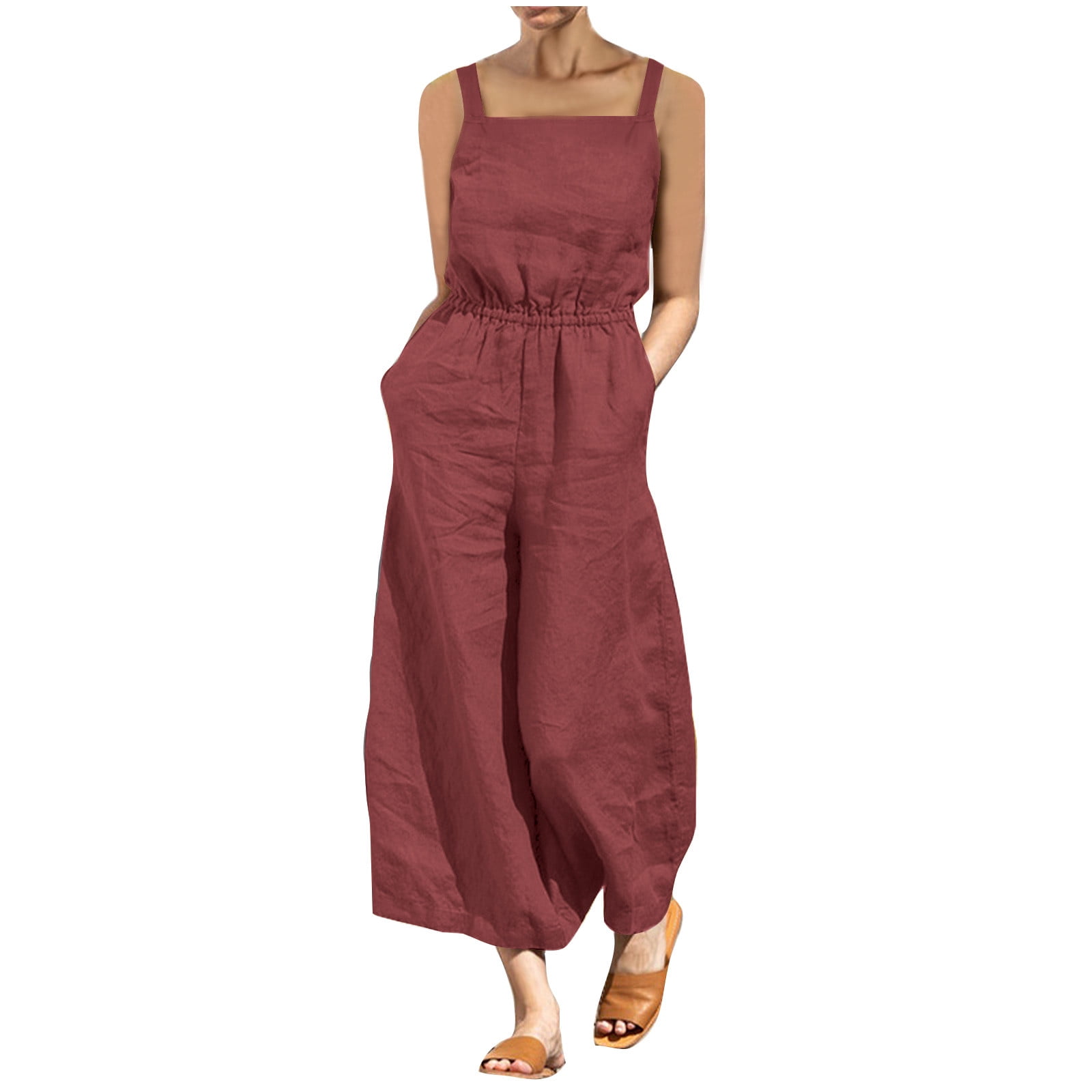 ShomPort Summer Lightweight Waisted Cotton Linen Jumpsuits for Women ...