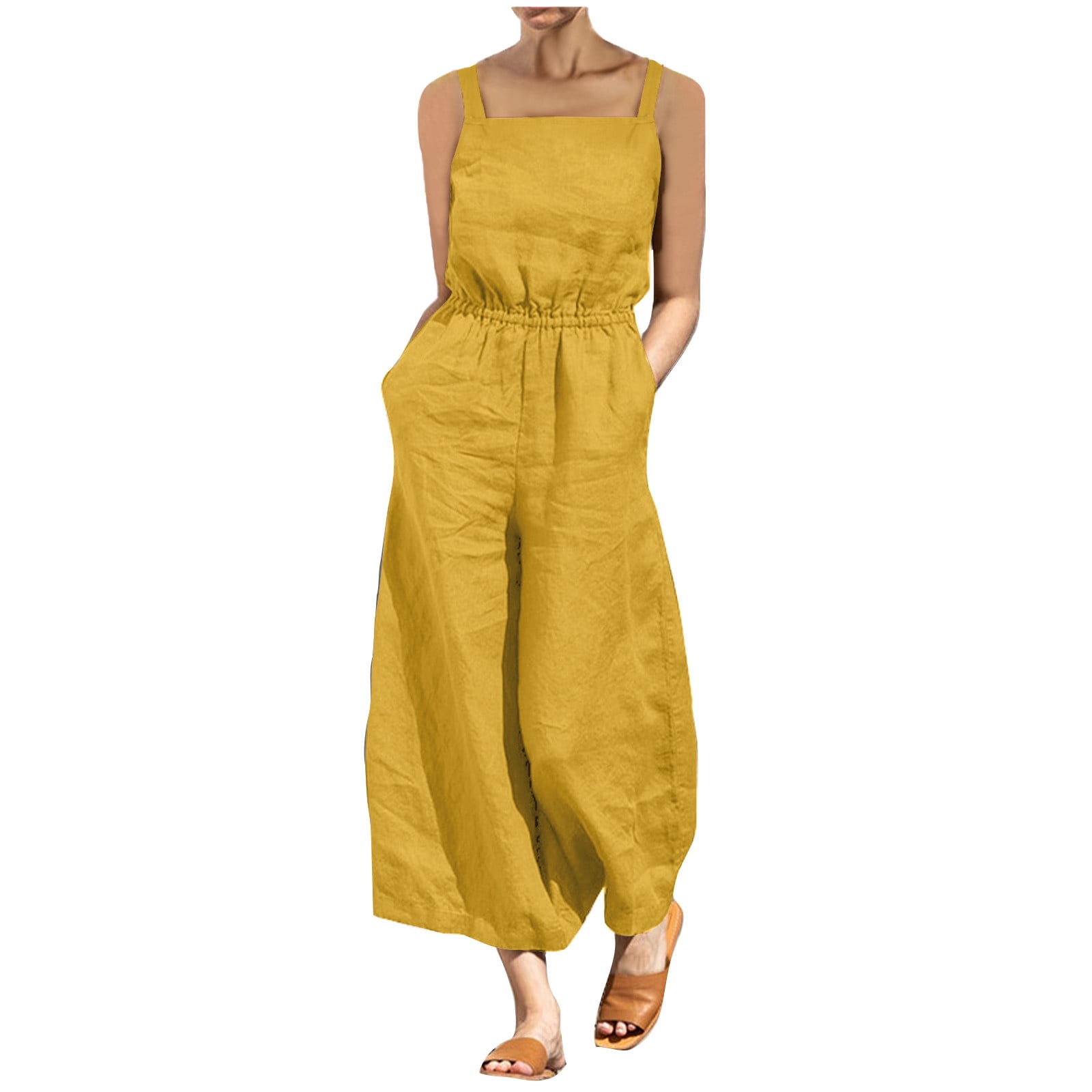 ShomPort Summer Lightweight Waisted Cotton Linen Jumpsuits for Women ...