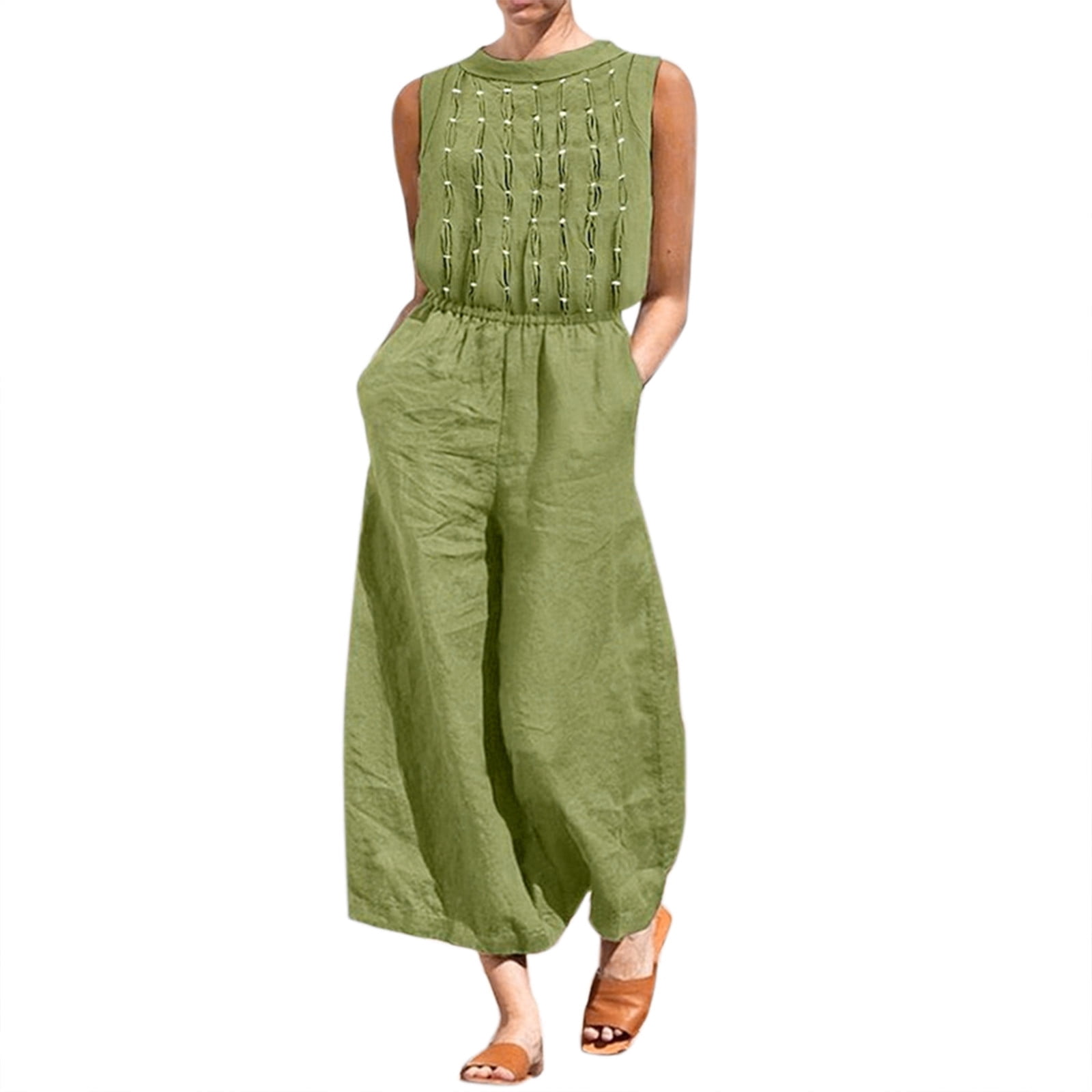 ShomPort Summer Lightweight Waisted Cotton Linen Jumpsuits for Women ...