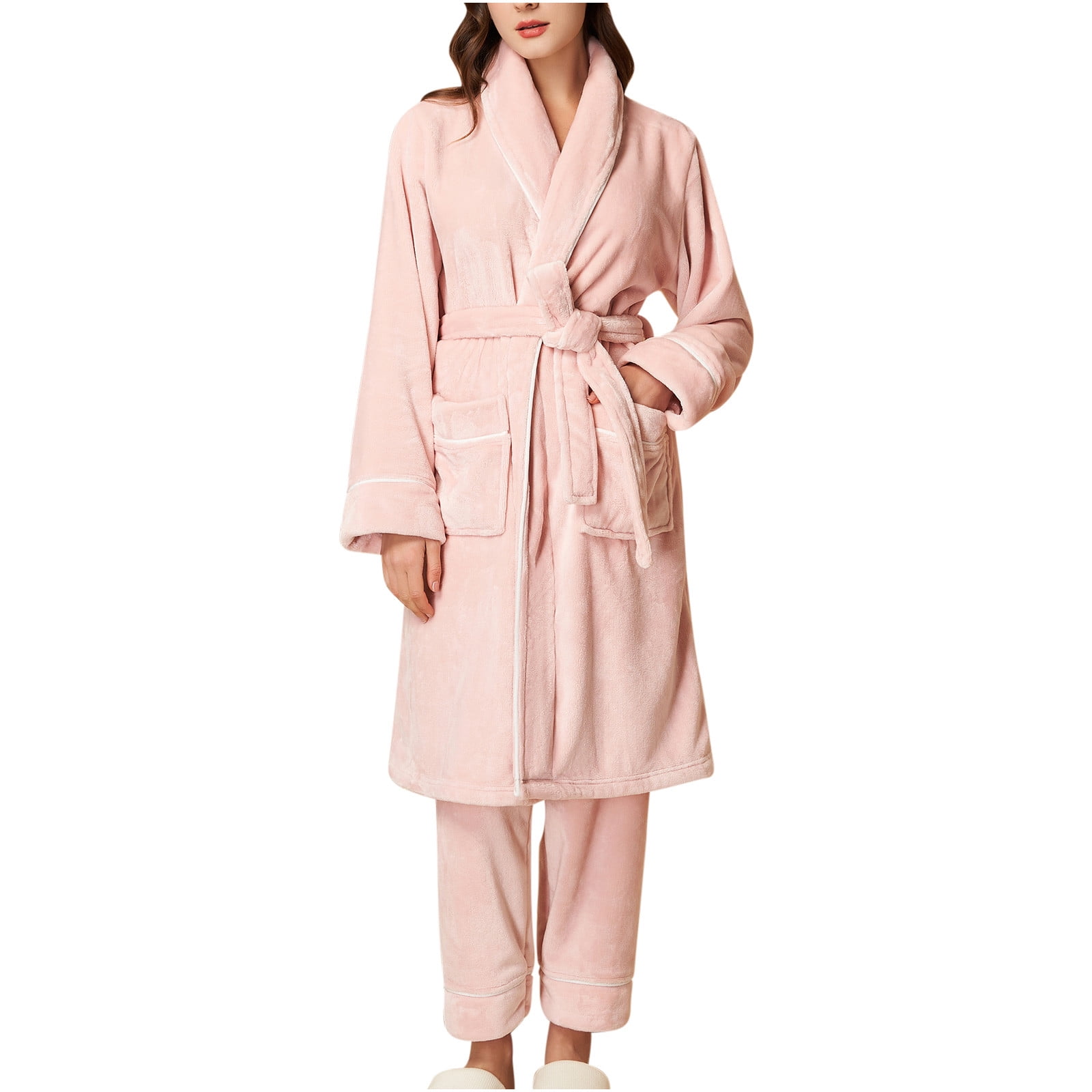ShomPort Women Pajamas Set Fleece Tie Waist Long Tops Wide Leg Pants ...