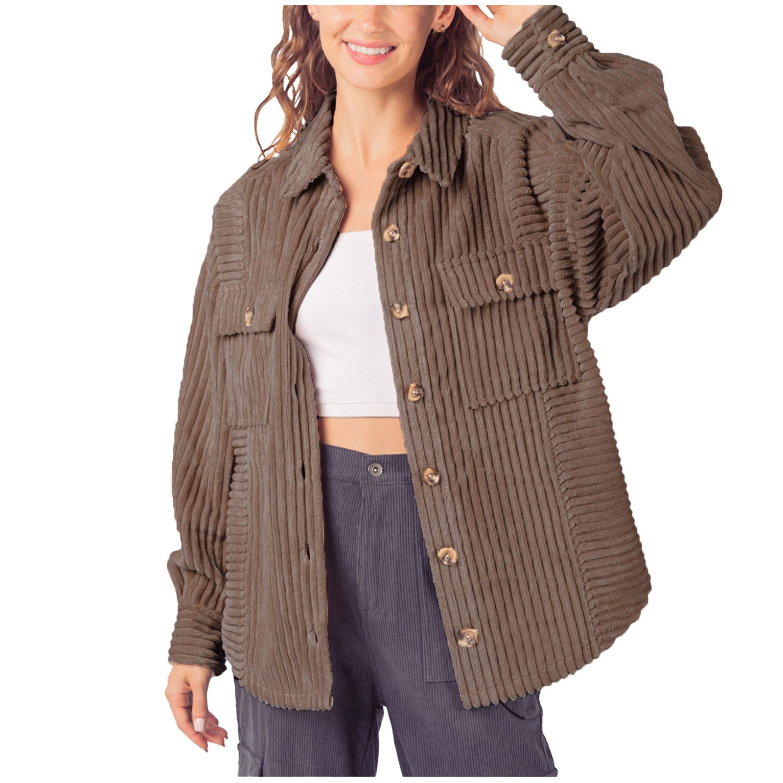 ShomPort Women's Corduroy Ribbed Jacket Long Sleeve Button up Shacket ...