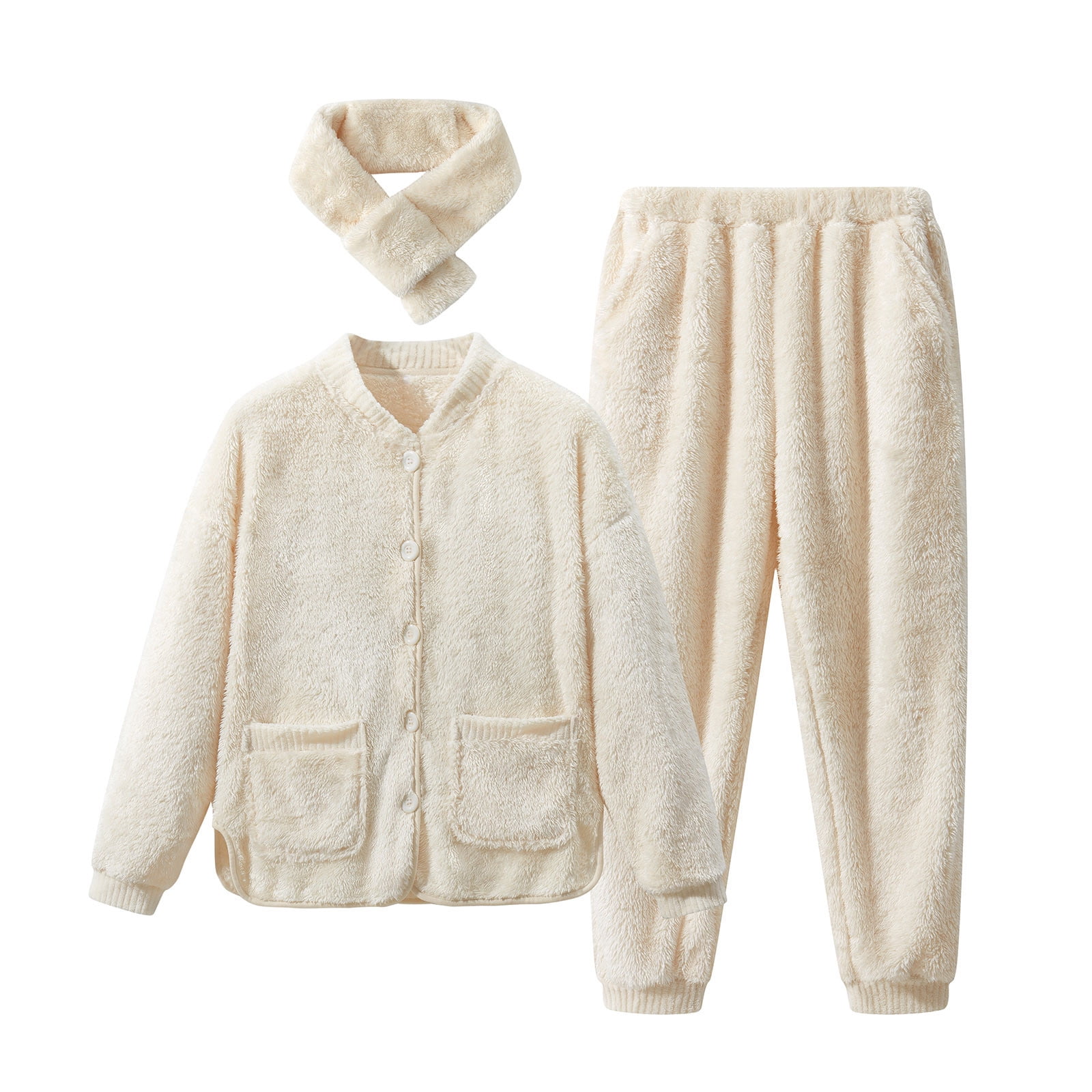 ShomPort Women's Fleece Fuzzy Pajama Sets 3 Piece Outfits Long Sleeve ...