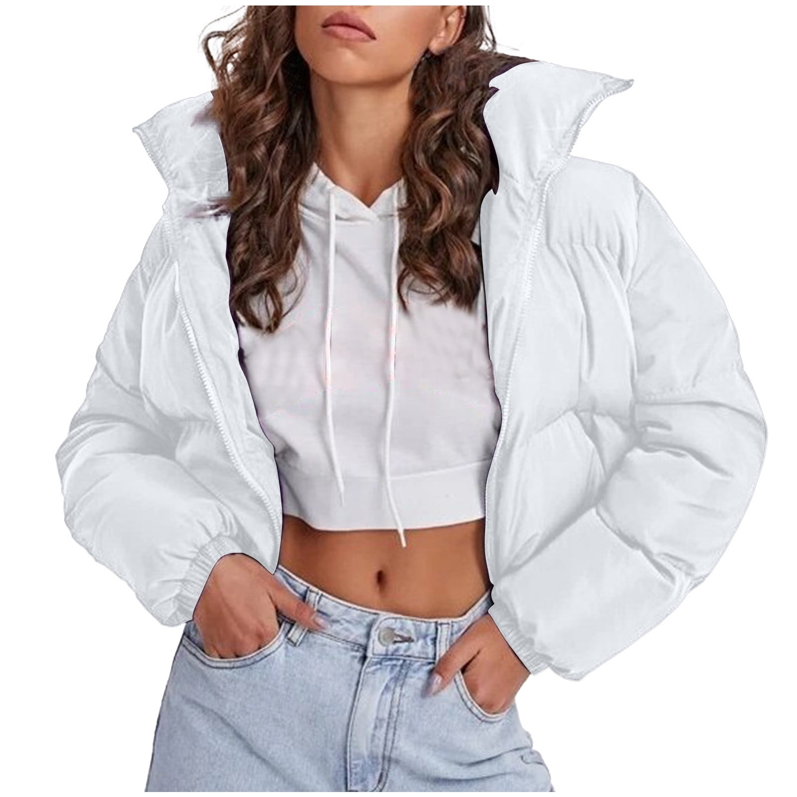 ShomPort Women's Full Zip Short Jacket Long Sleeve Cropped Puffer ...