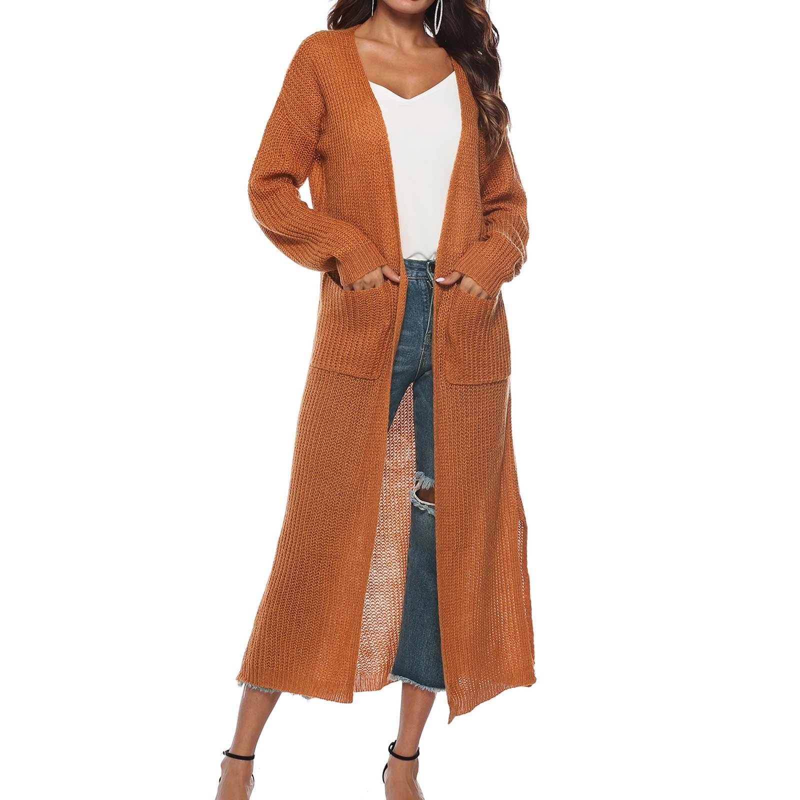 ShomPort Women's Knit Long Cardigan Front Open Long Sleeve Split ...