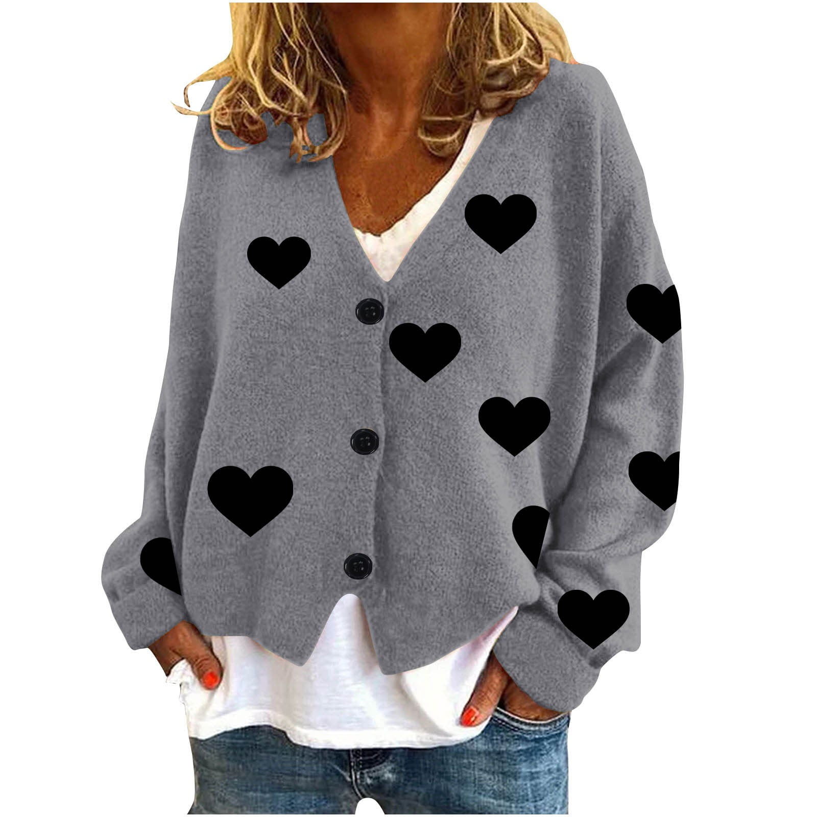 ShomPort Women's Lightweight Cardigan Sweater Heart Printed Long Sleeve ...